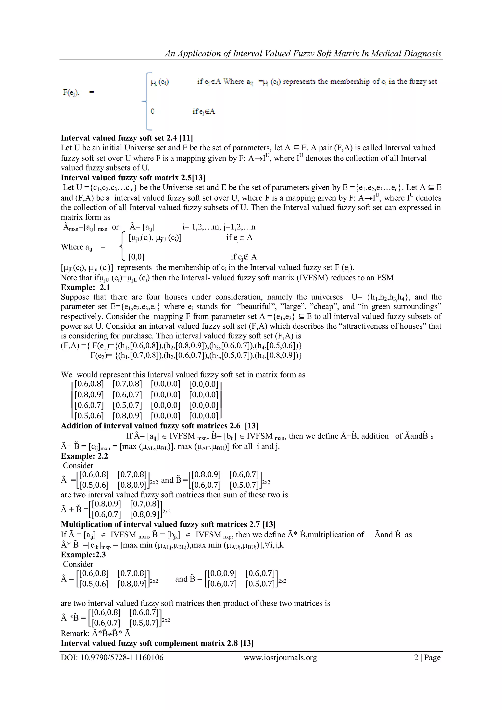 An Application of Interval Valued Fuzzy Soft Matrix In Medical Diagnosis | PDF