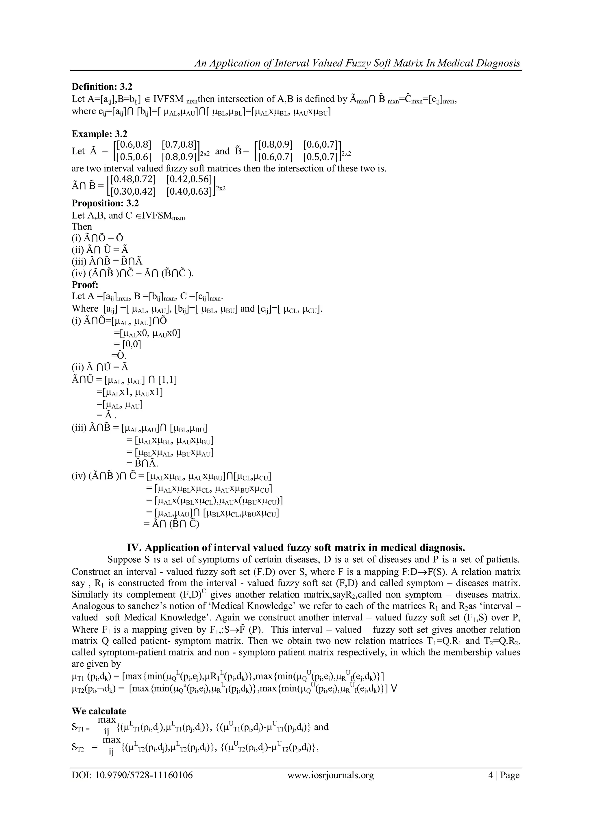 An Application of Interval Valued Fuzzy Soft Matrix In Medical Diagnosis | PDF