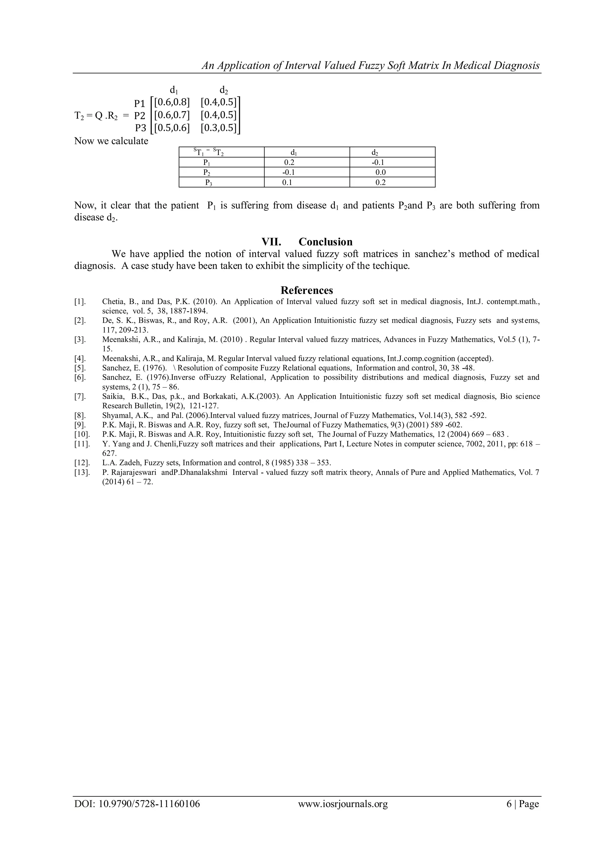 An Application of Interval Valued Fuzzy Soft Matrix In Medical Diagnosis | PDF