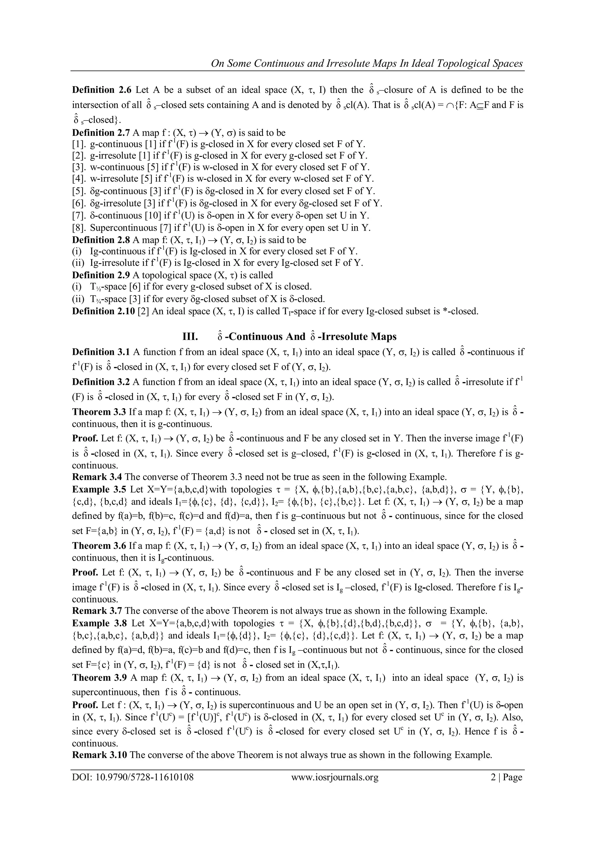 On Some Continuous and Irresolute Maps In Ideal Topological Spaces | PDF