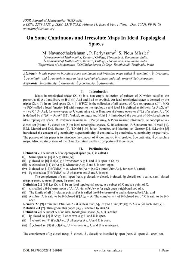 On Some Continuous and Irresolute Maps In Ideal Topological Spaces | PDF