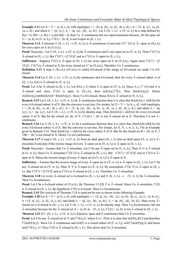 On Some Continuous and Irresolute Maps In Ideal Topological Spaces | PDF