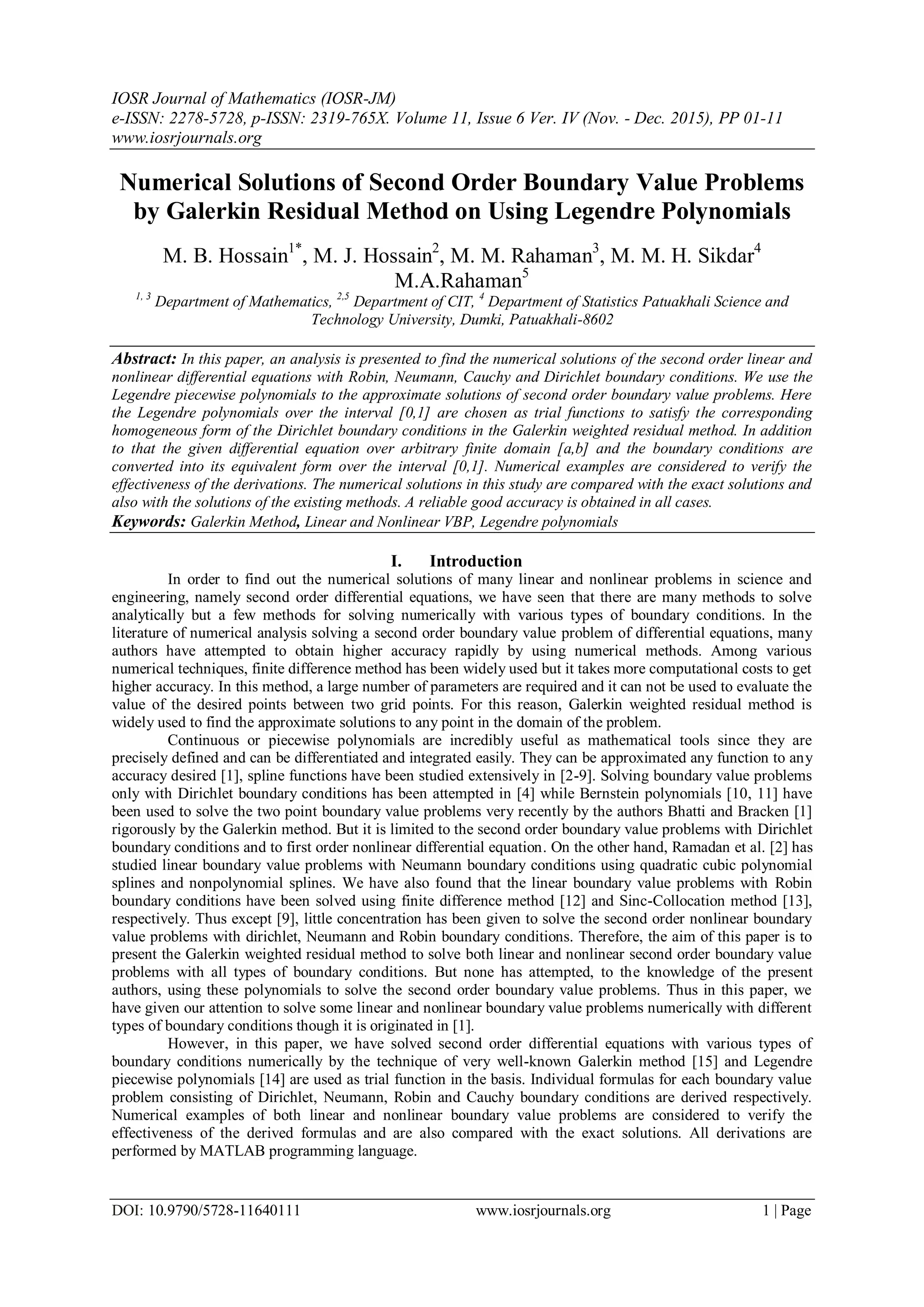 Numerical Solutions of Second Order Boundary Value Problems by Galerkin Residual Method on Using ...