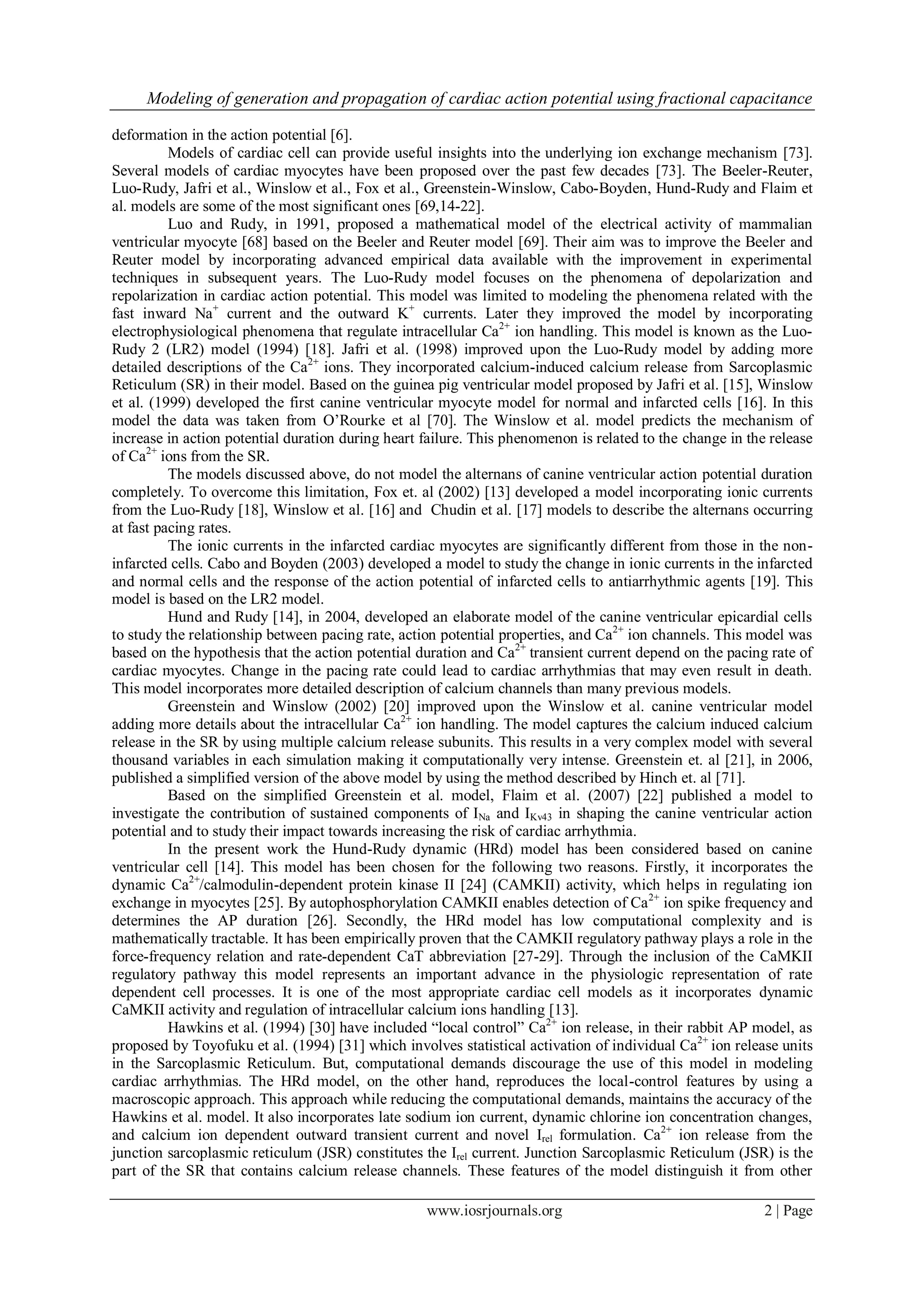 Modeling of generation and propagation of cardiac action potential using fractional capacitance ...