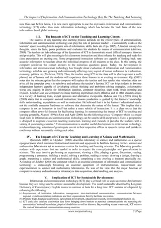 The Impacts Of Information And Communication Technology (ICT) On The Teaching And Learning ...