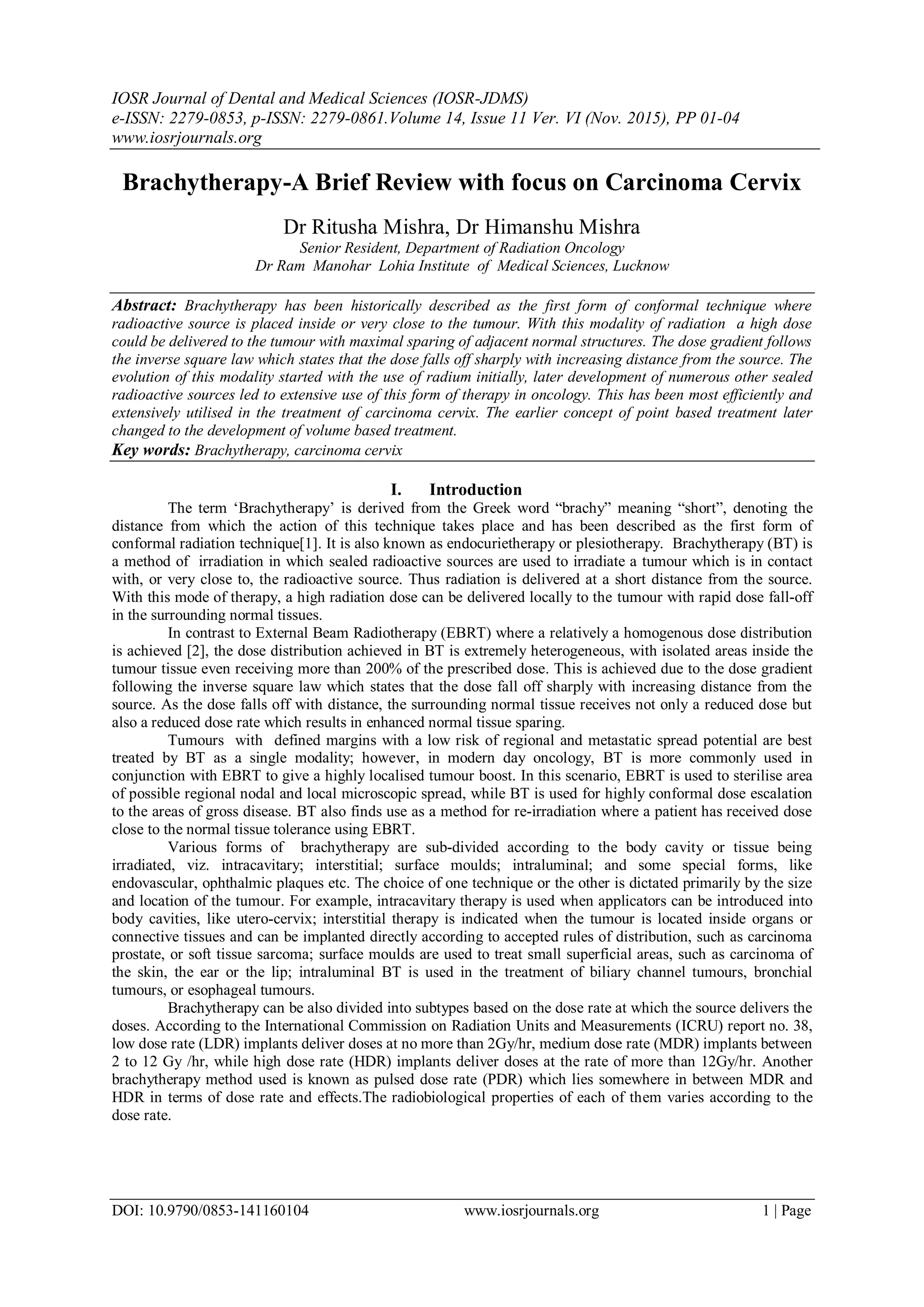 Brachytherapy-A Brief Review with focus on Carcinoma Cervix | PDF