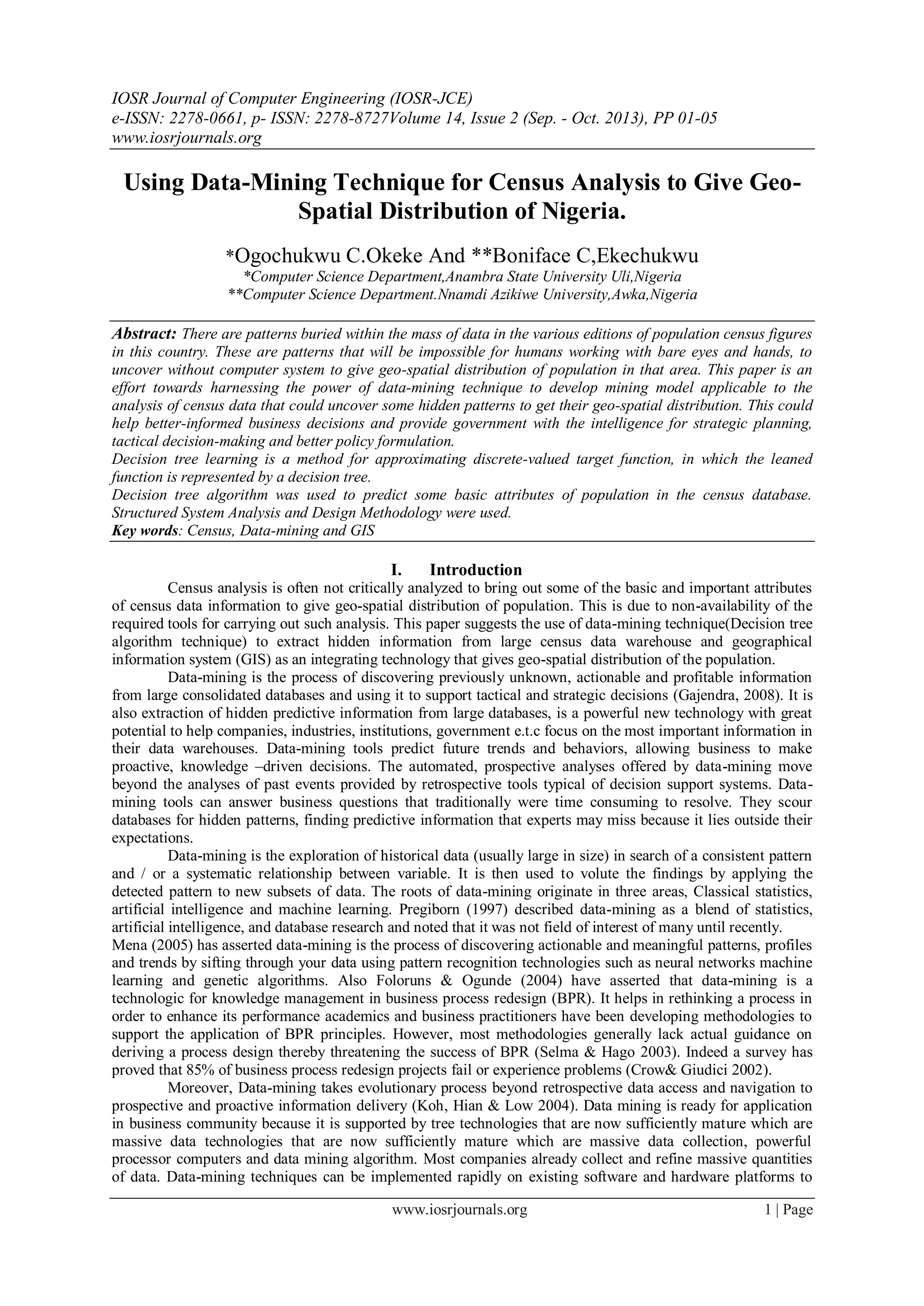 Using Data-Mining Technique for Census Analysis to Give Geo-Spatial Distribution of Nigeria. | PDF