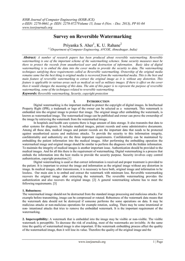 Survey on Reversible Watermarking | PDF