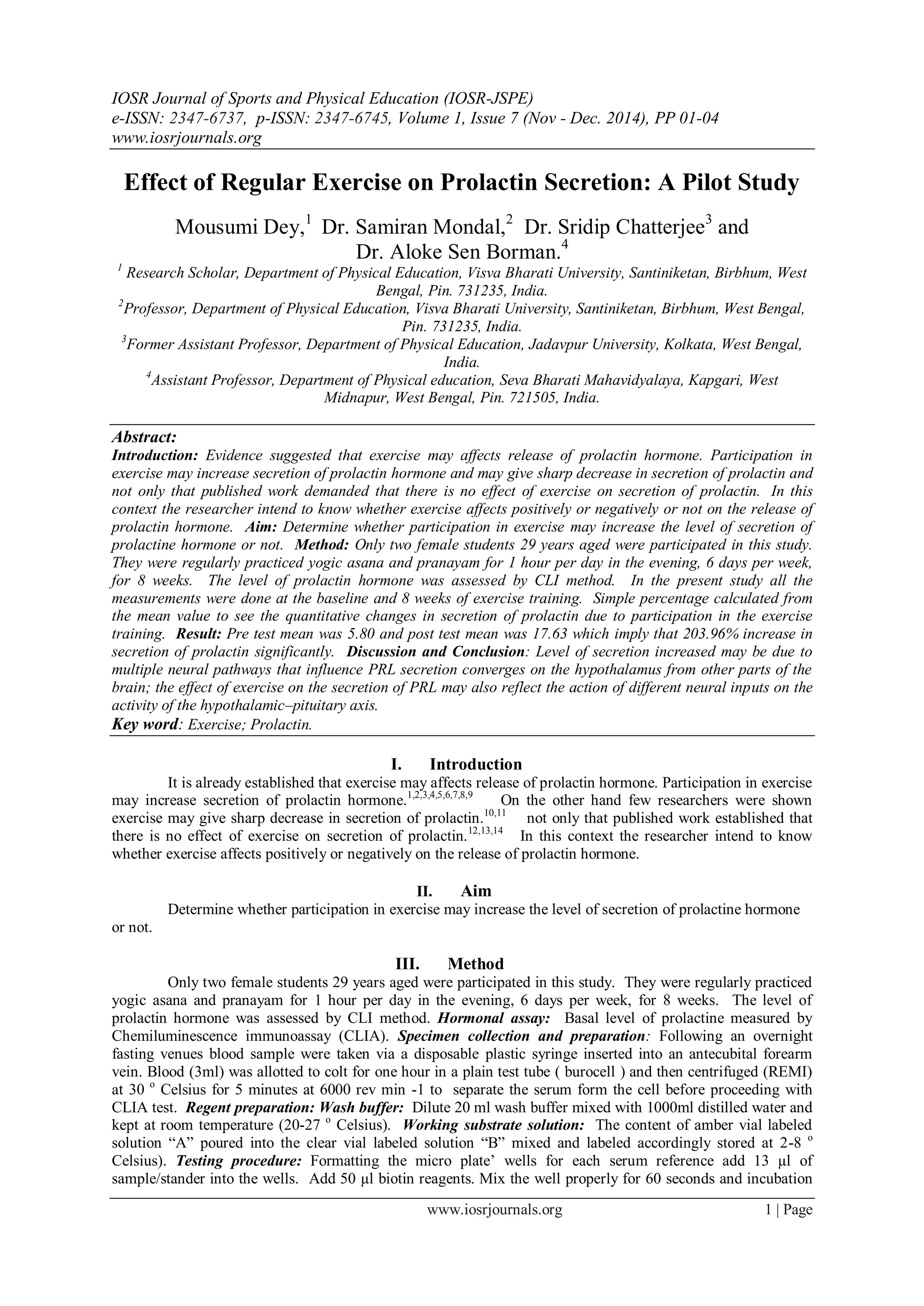 Effect of Regular Exercise on Prolactin Secretion: A Pilot Study | PDF