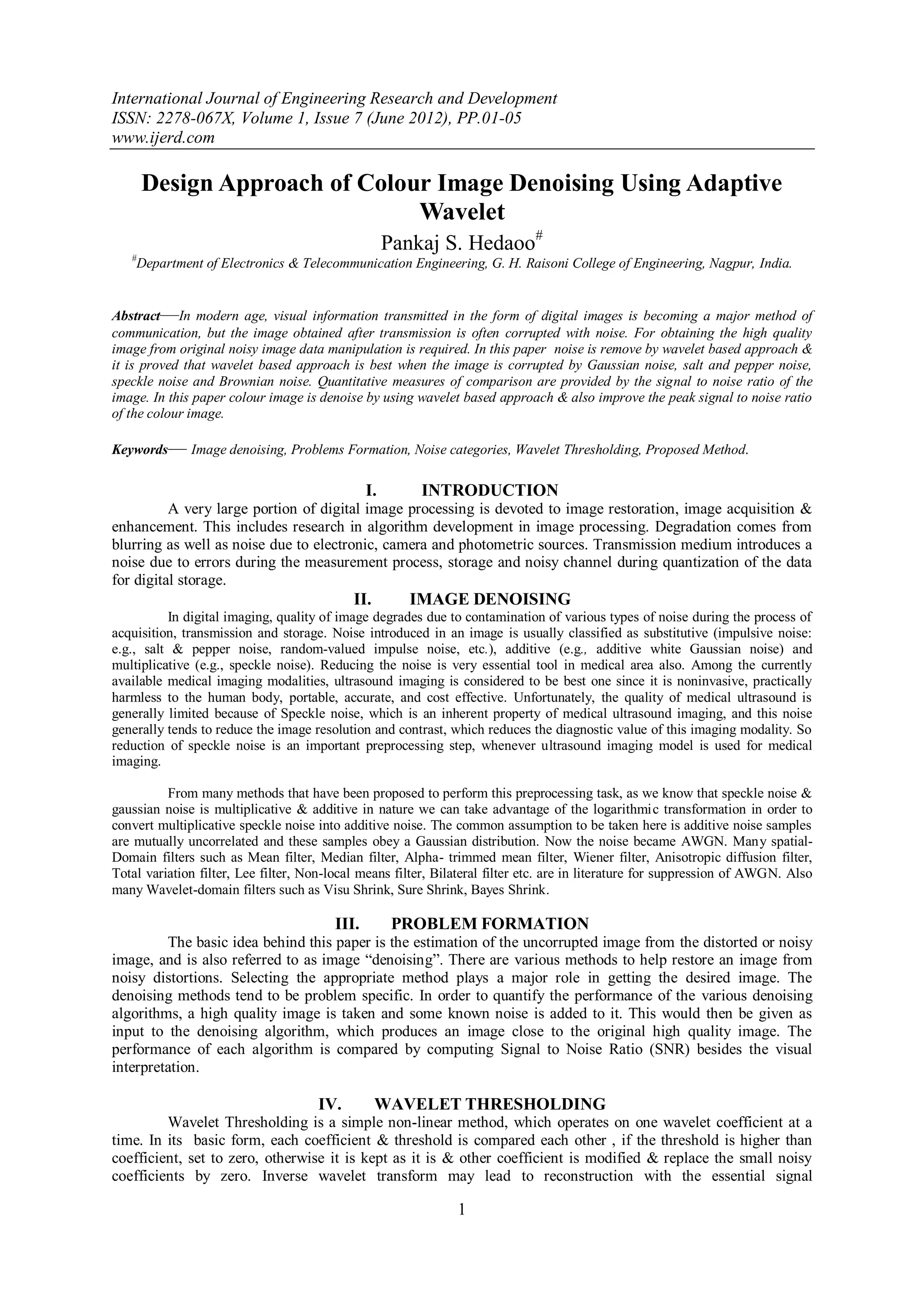Design Approach of Colour Image Denoising Using Adaptive Wavelet | PDF