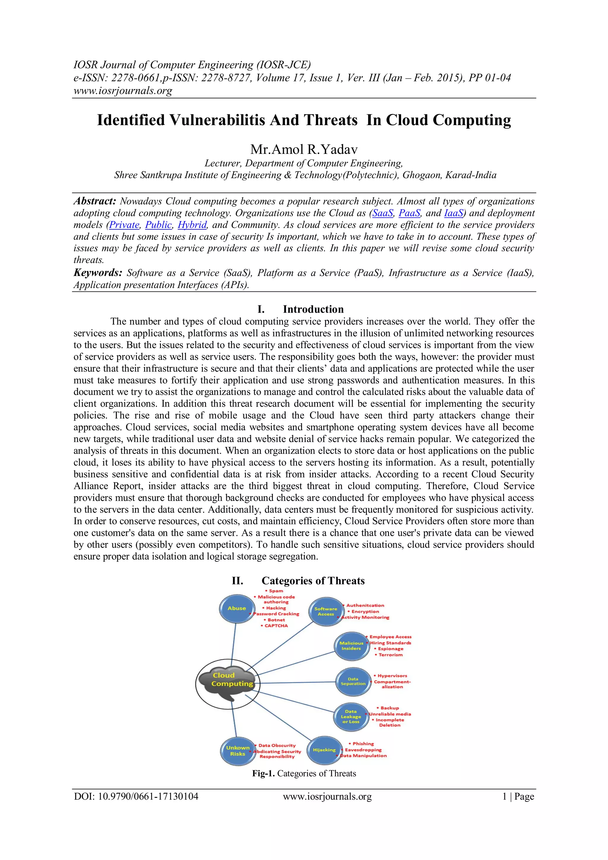 Identified Vulnerabilitis And Threats In Cloud Computing | PDF