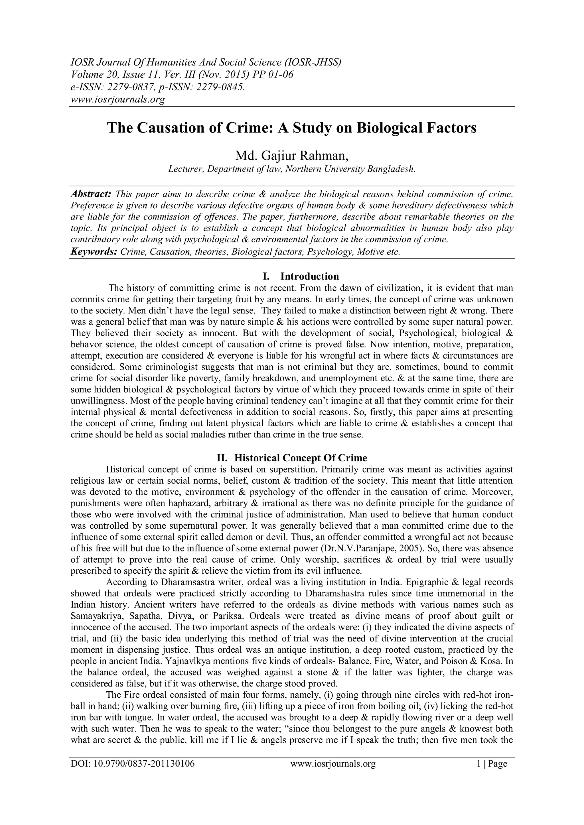 The Causation of Crime: A Study on Biological Factors | PDF