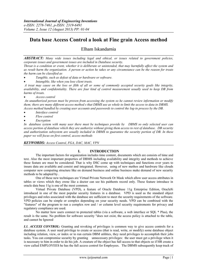 Data base Access Control a look at Fine grain Access method | PDF