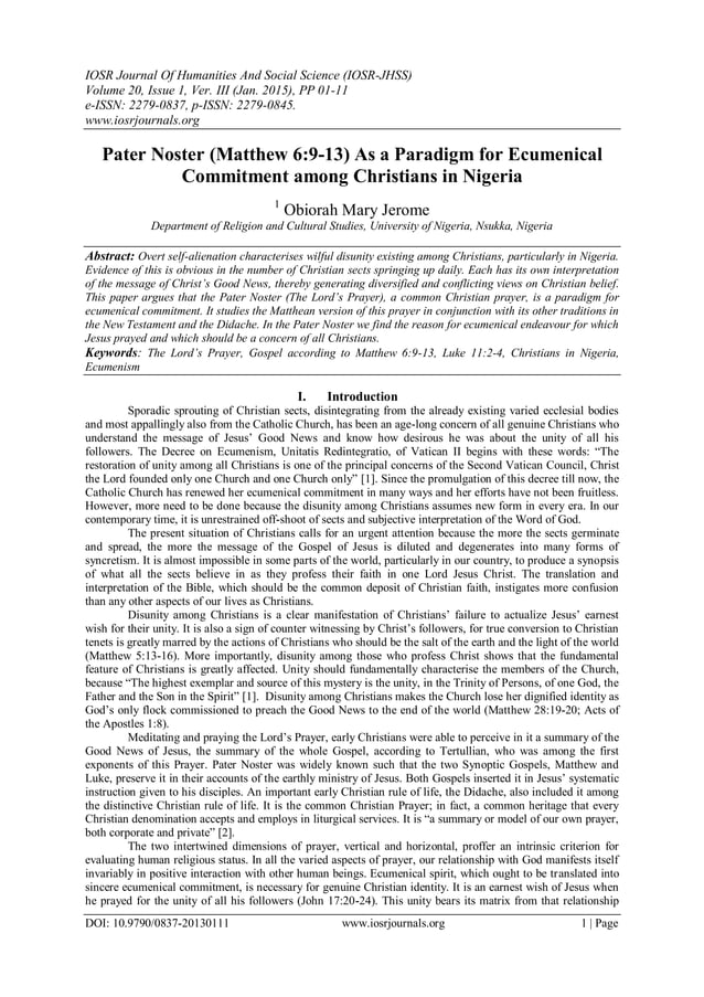 Pater Noster (Matthew 6:9-13) As a Paradigm for Ecumenical Commitment ...