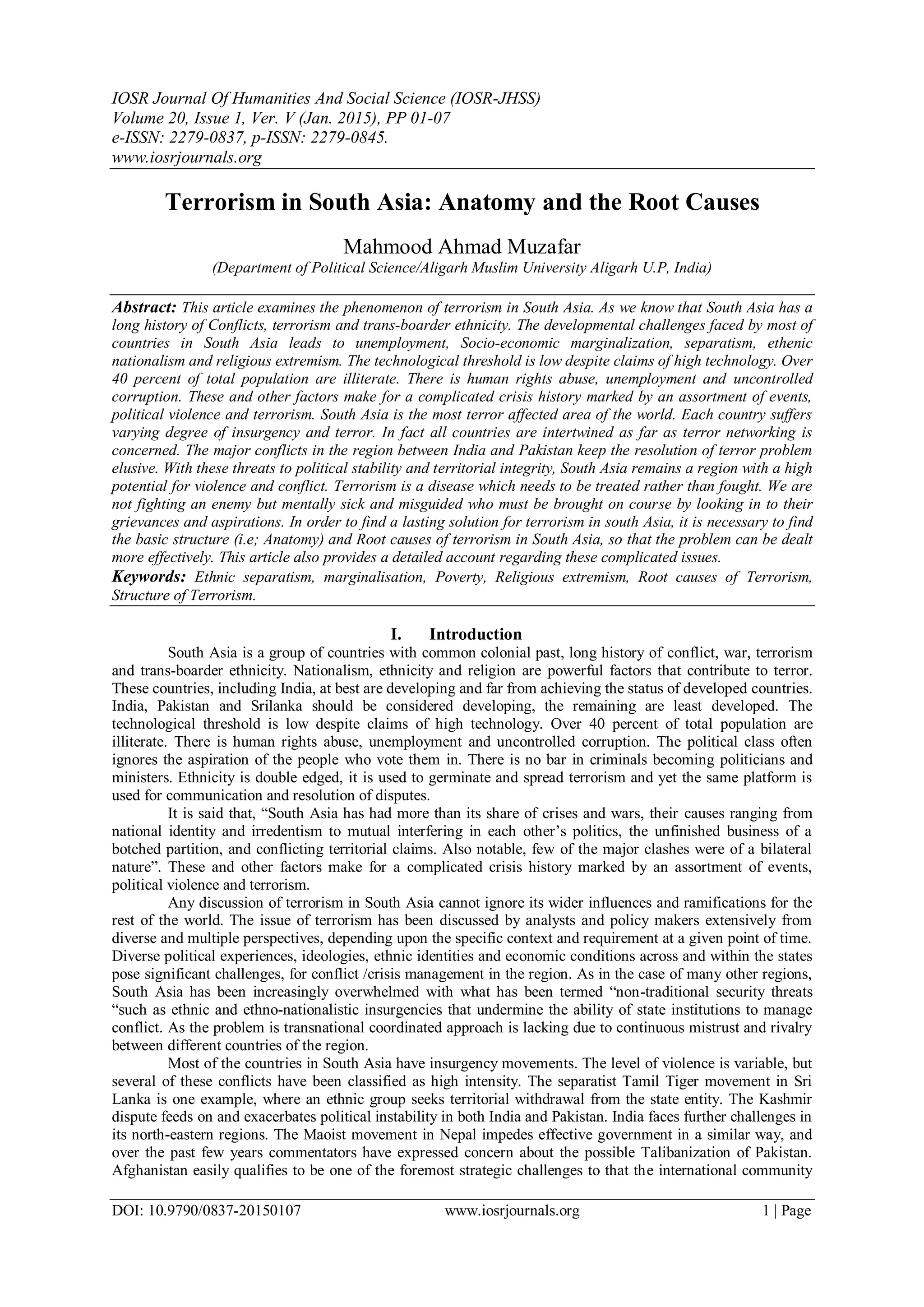 Terrorism in South Asia: Anatomy and the Root Causes | PDF