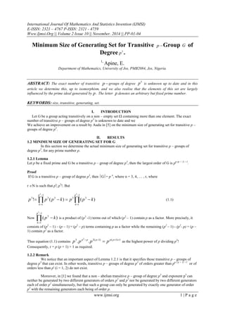 Minimum Size of Generating Set for Transitive p - Group G of Degree 3 p . | PDF