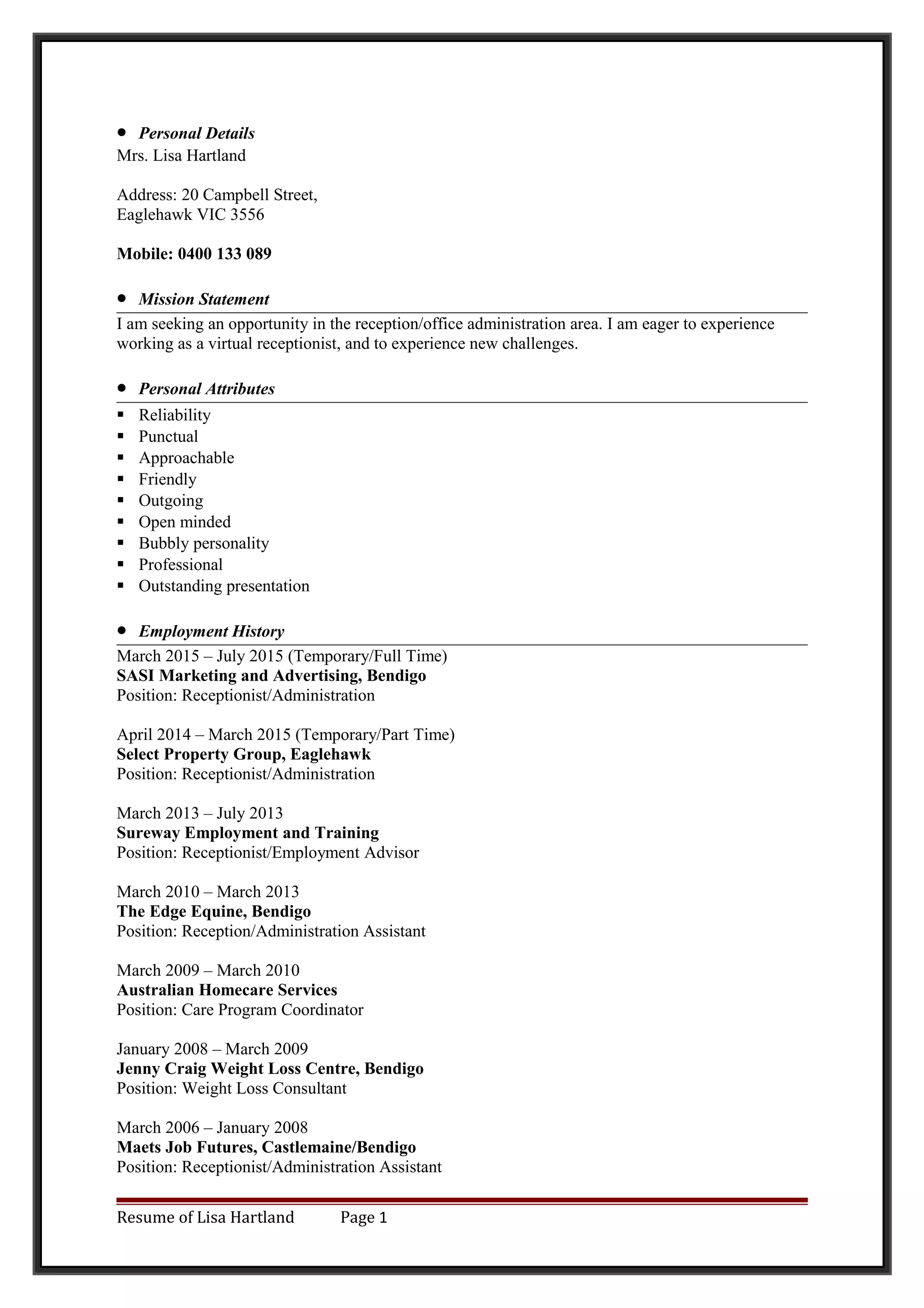 Resume of Lisa Hartland (3) | DOC | Careers