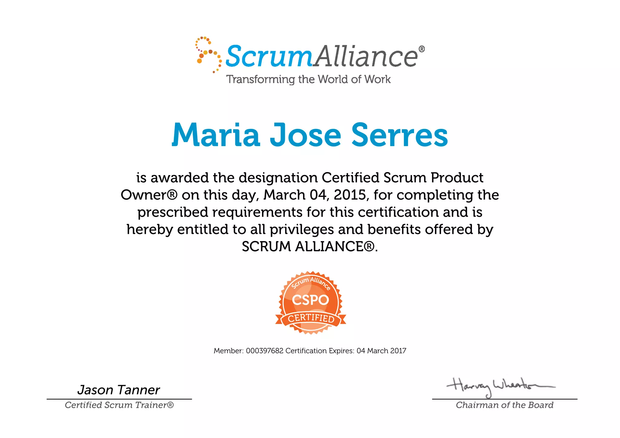 Maria Jose Serres-ScrumAlliance_CSPO_Certificate | PDF