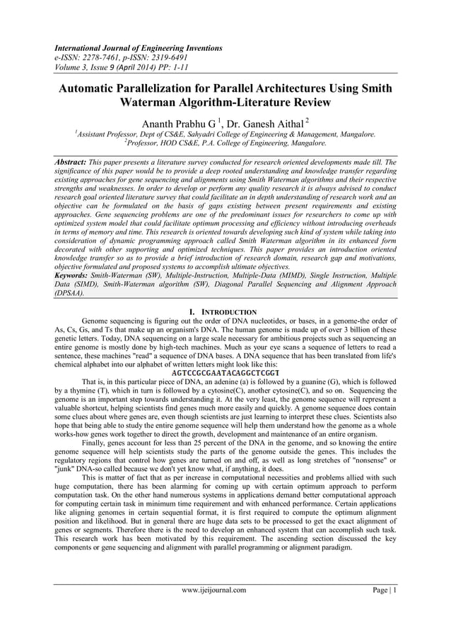 Automatic Parallelization for Parallel Architectures Using Smith Waterman Algorithm-Literature ...