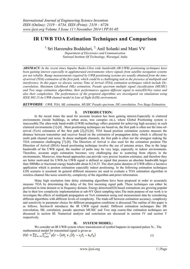 IR UWB TOA Estimation Techniques and Comparison | PDF