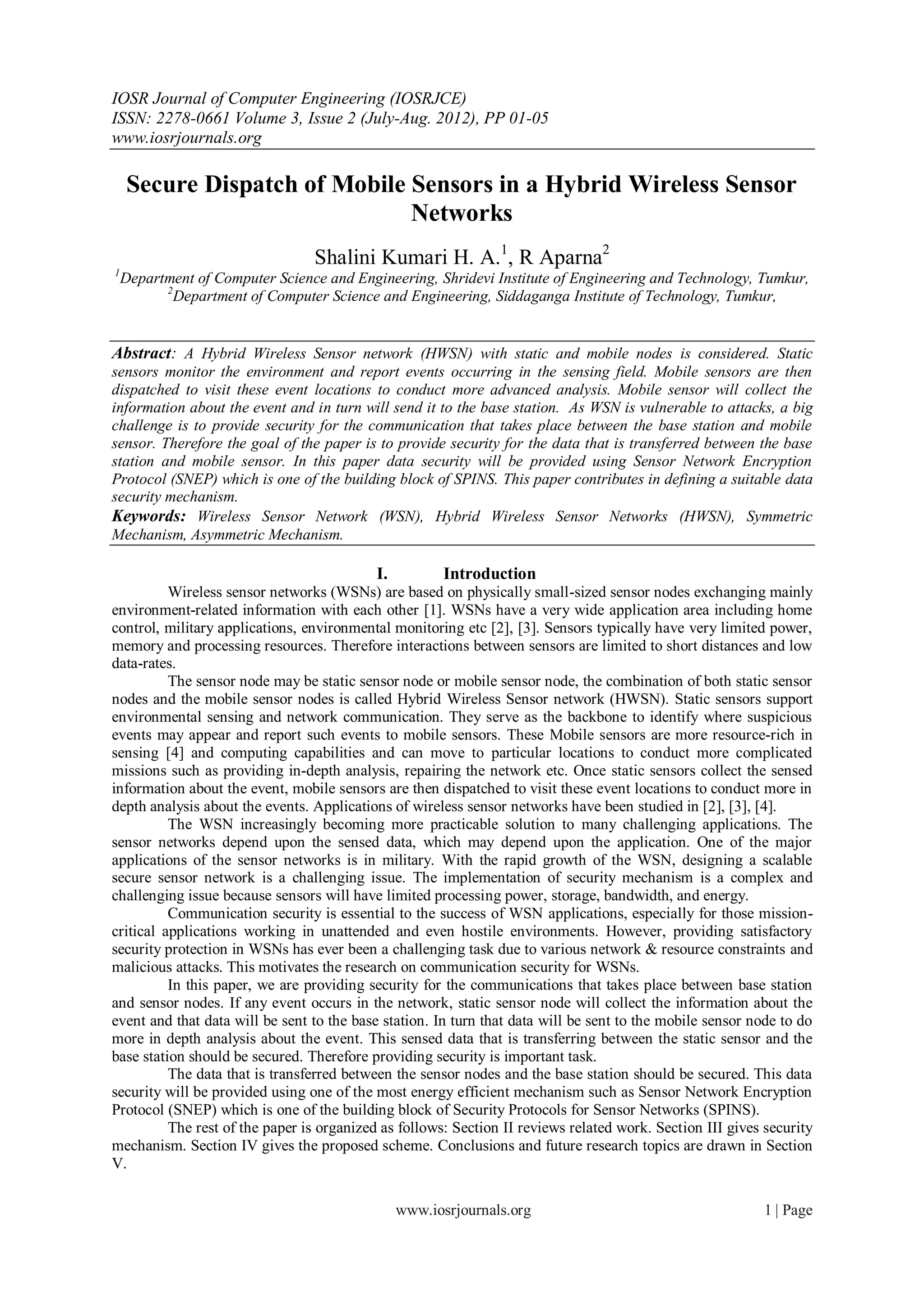 Secure Dispatch of Mobile Sensors in a Hybrid Wireless Sensor Networks | PDF