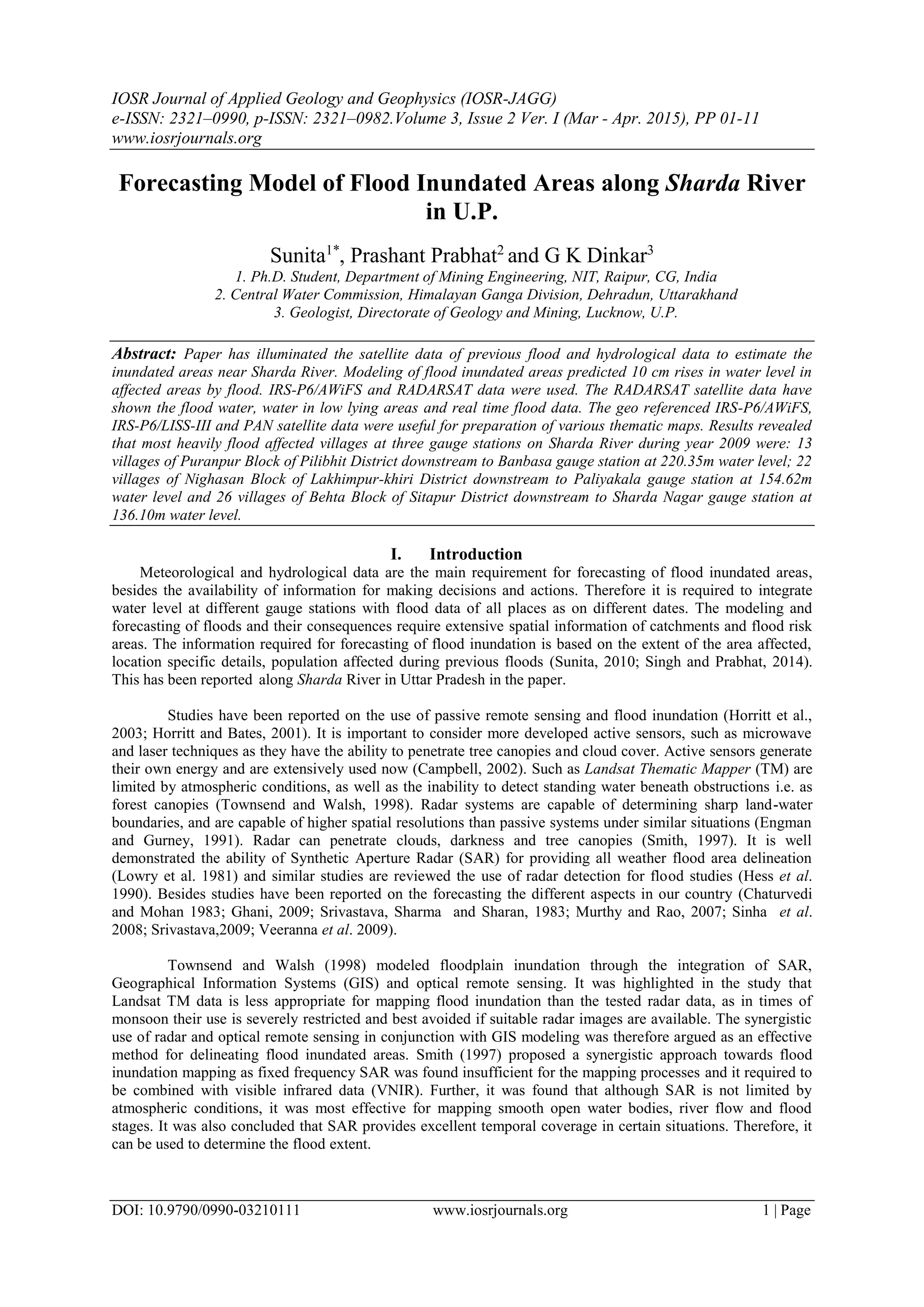 Forecasting Model of Flood Inundated Areas along Sharda River in U.P. | PDF