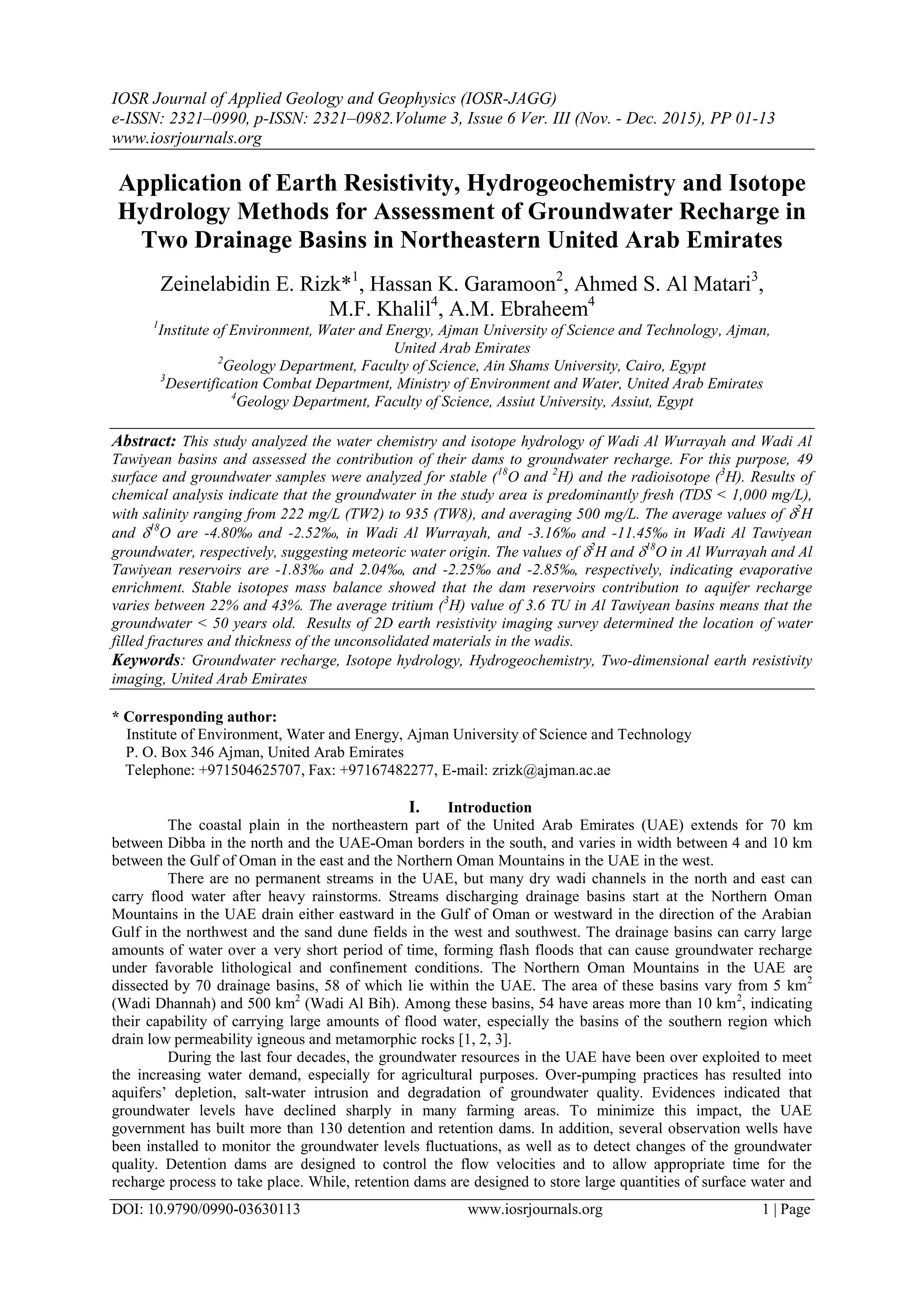 Application of Earth Resistivity, Hydrogeochemistry and Isotope ...