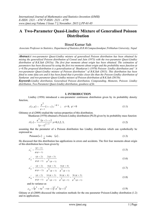 A Two-Parameter Quasi-Lindley Mixture of Generalised Poisson Distribution | PDF