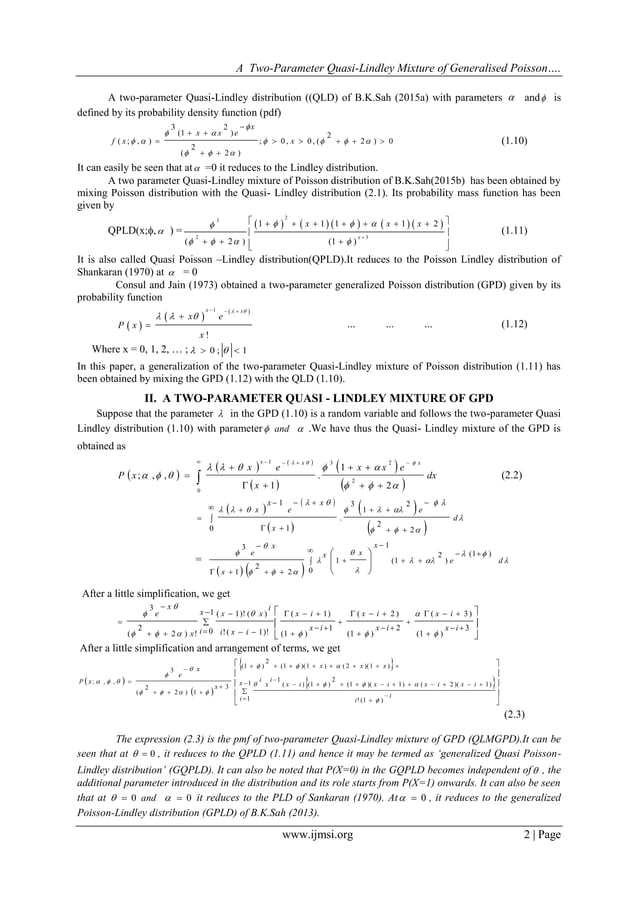 A Two-Parameter Quasi-Lindley Mixture of Generalised Poisson Distribution | PDF