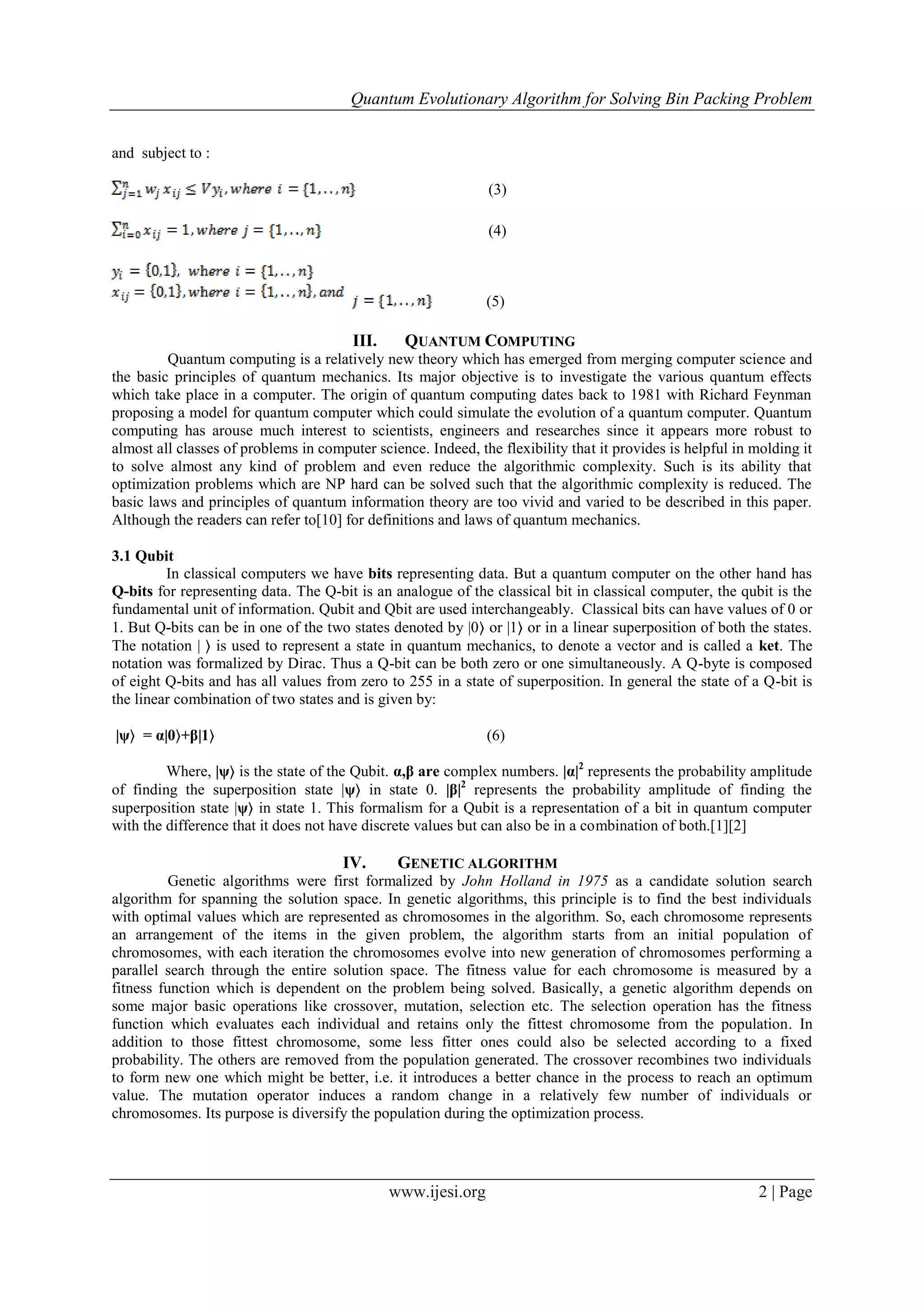 Quantum Evolutionary Algorithm for Solving Bin Packing Problem | PDF