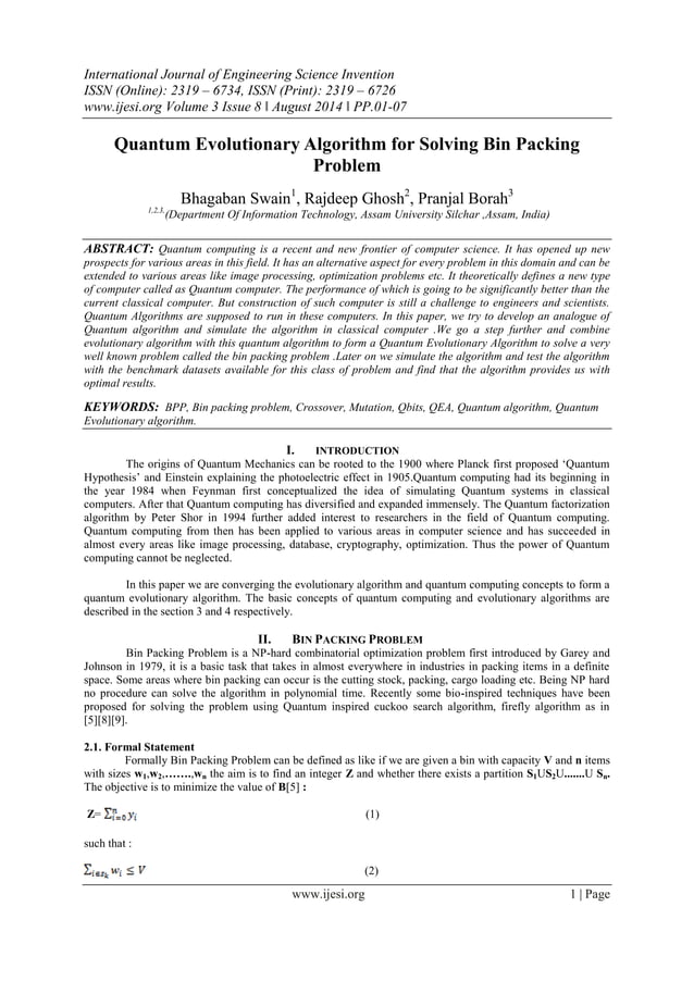 Quantum Evolutionary Algorithm for Solving Bin Packing Problem | PDF