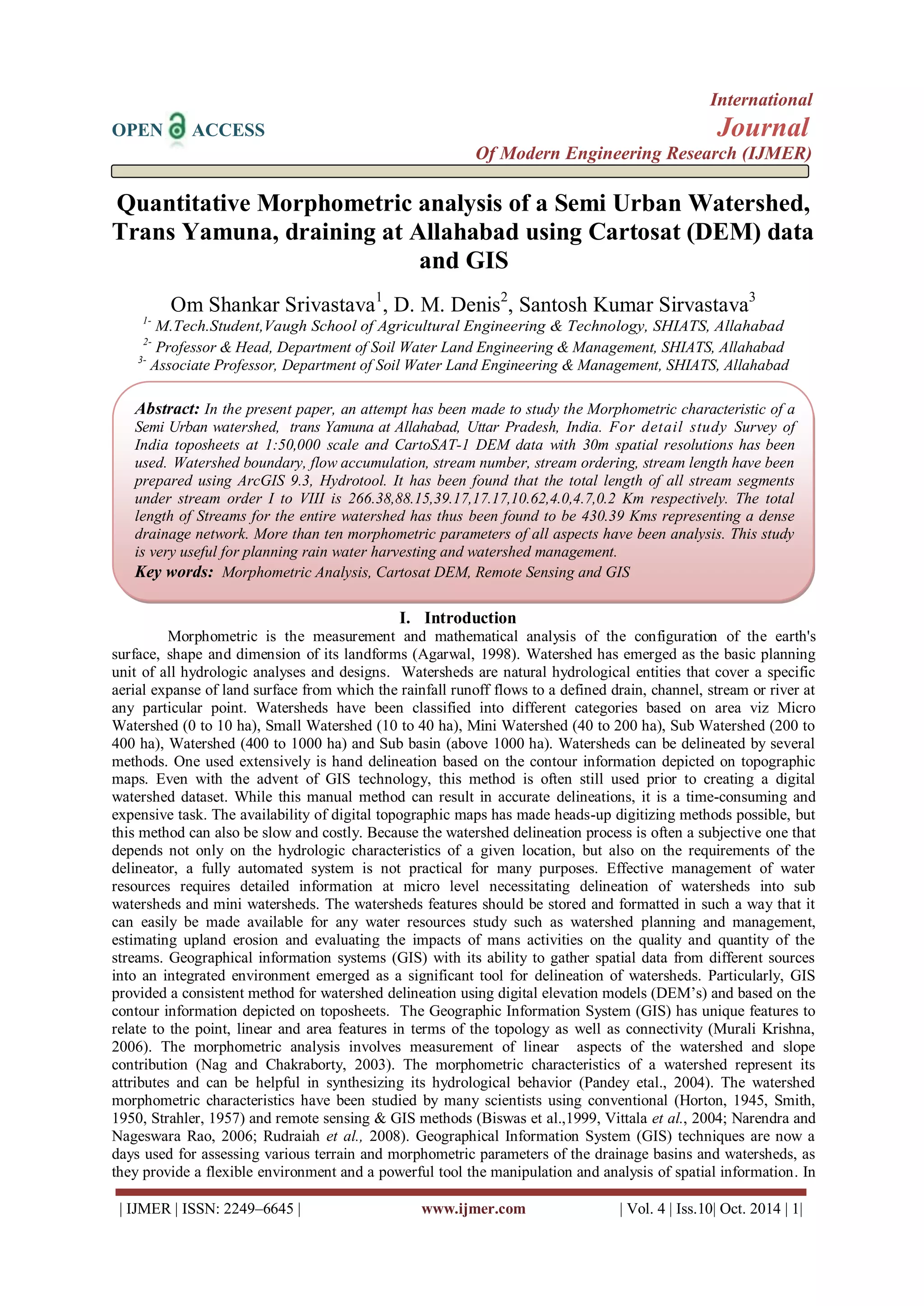 Quantitative Morphometric analysis of a Semi Urban Watershed, Trans ...