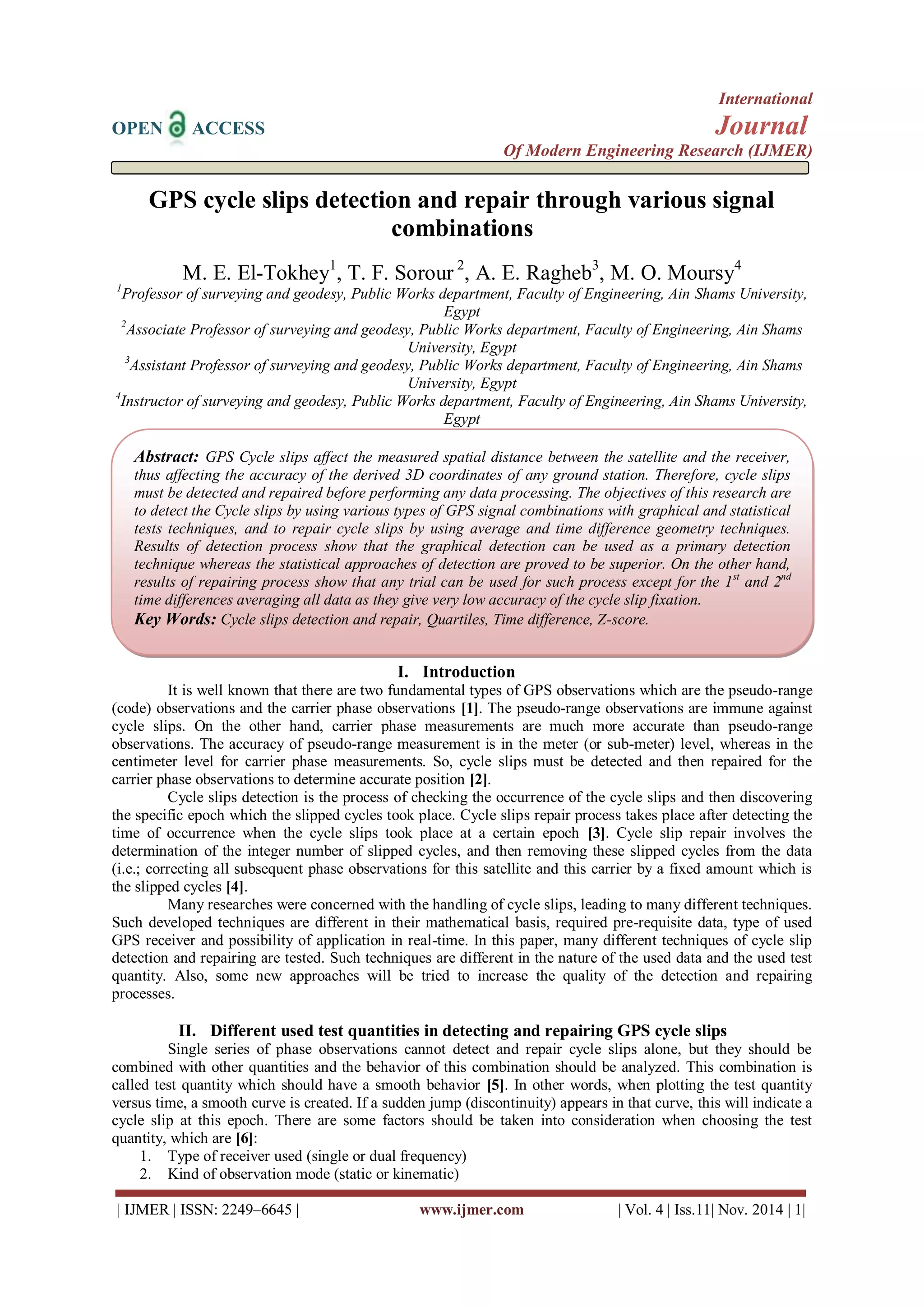 GPS cycle slips detection and repair through various signal combinations | PDF