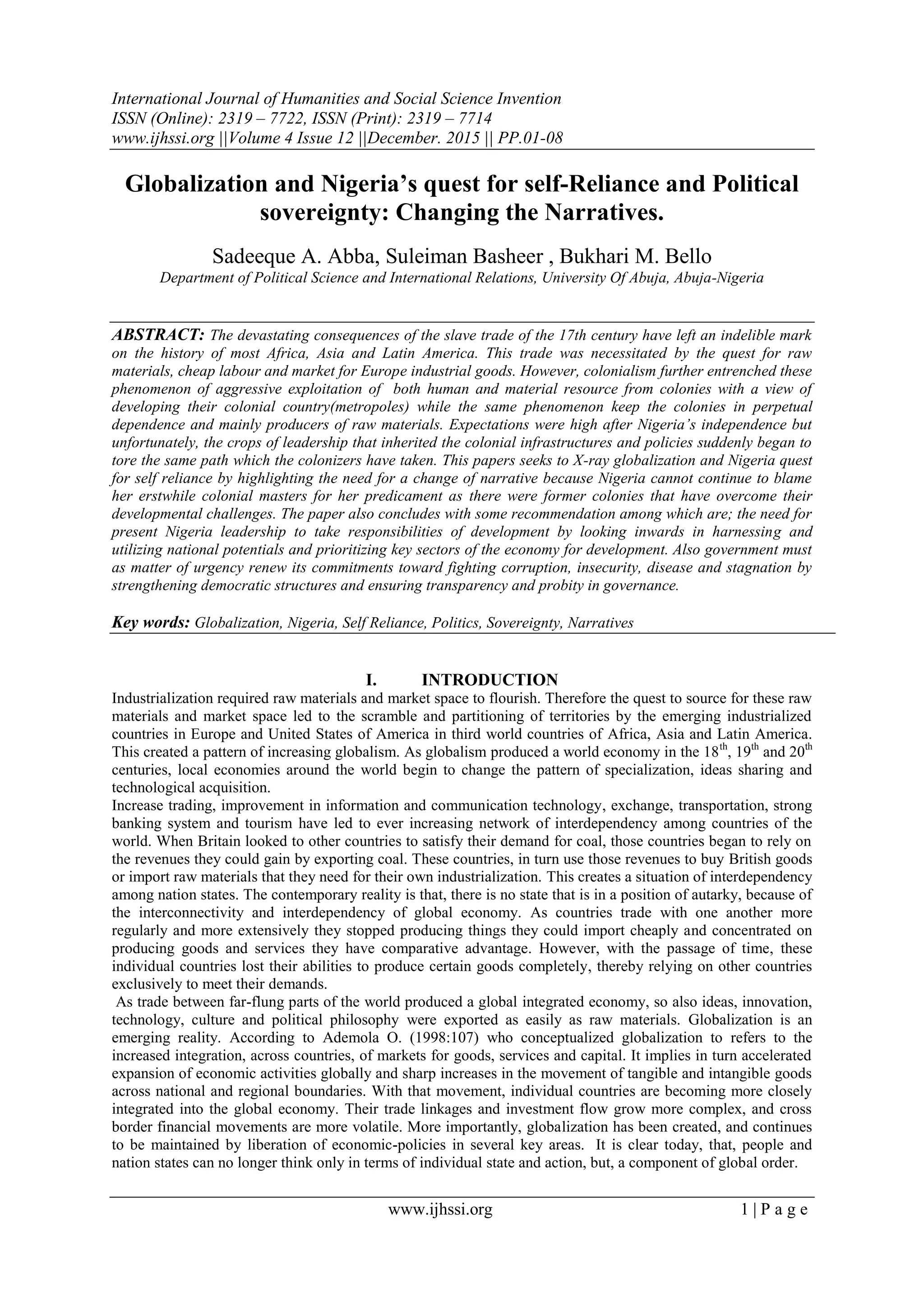 Globalization and Nigeria’s quest for self-Reliance and Political ...