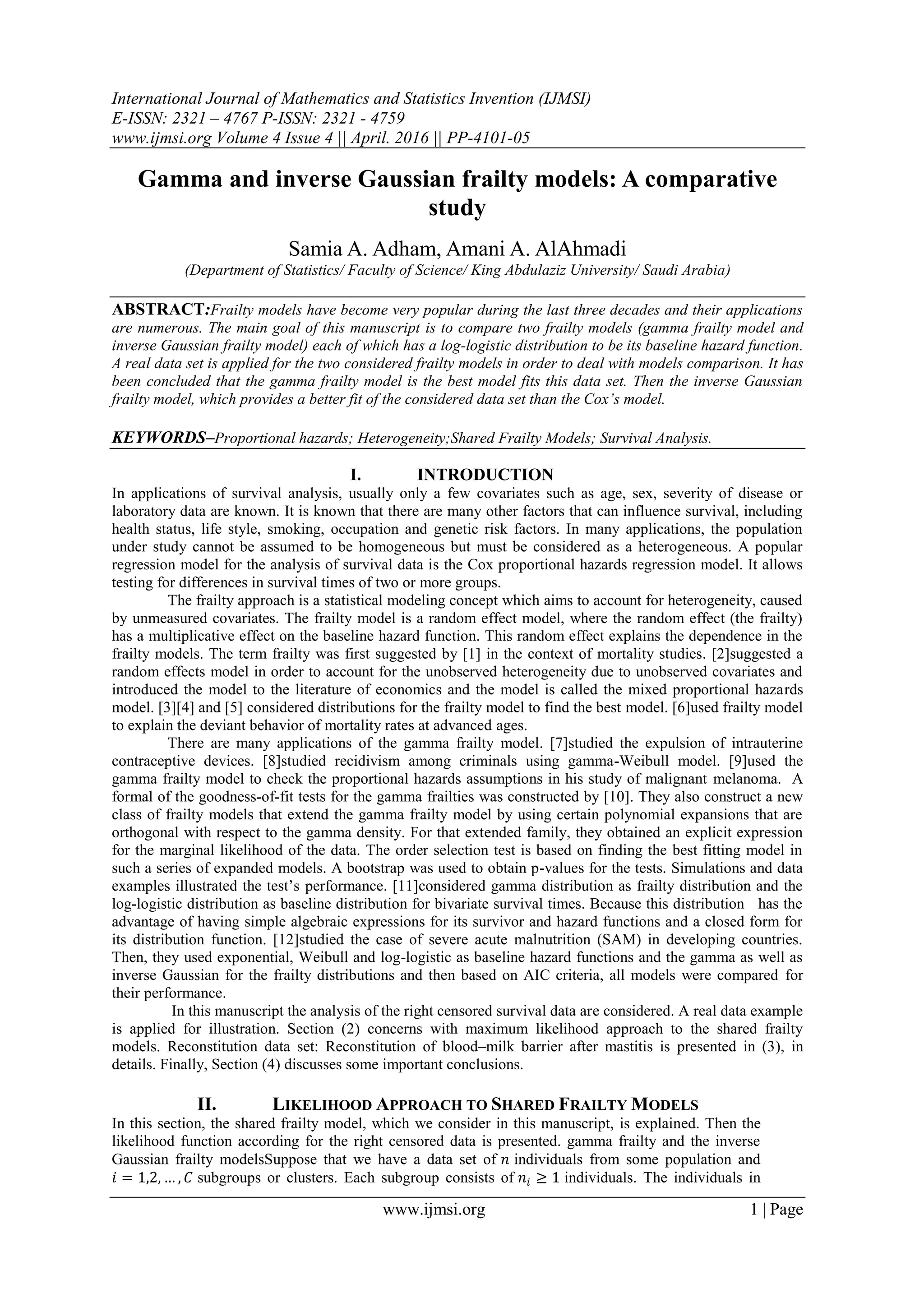 Gamma and inverse Gaussian frailty models: A comparative study | PDF | Diseases and Conditions ...