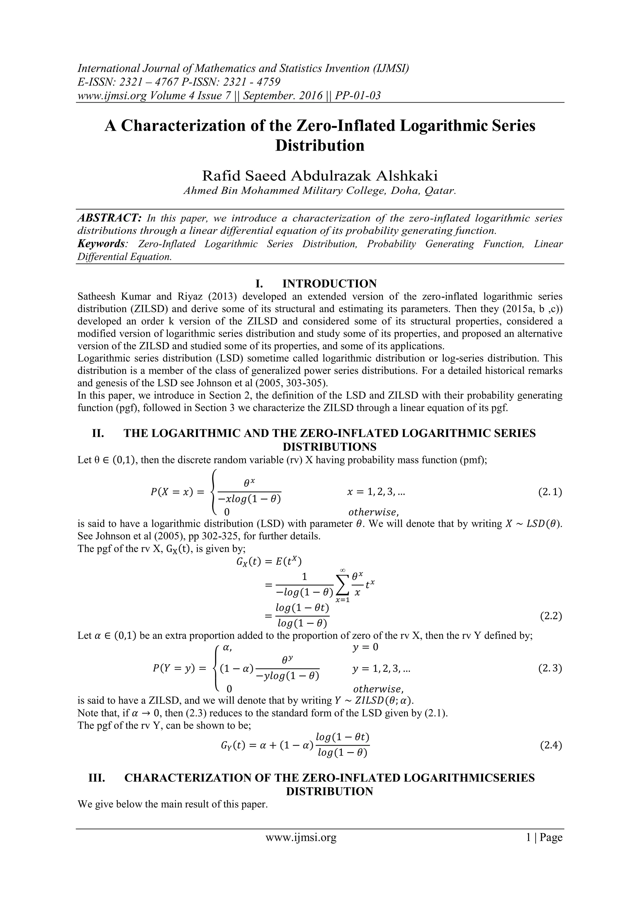 A Characterization of the Zero-Inflated Logarithmic Series Distribution ...