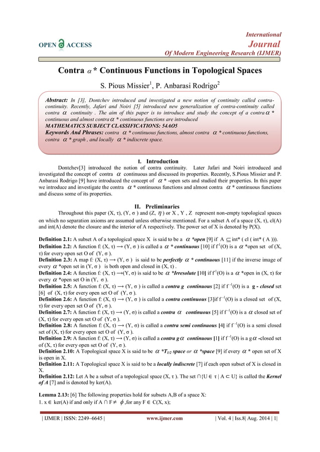 Contra * Continuous Functions in Topological Spaces | PDF