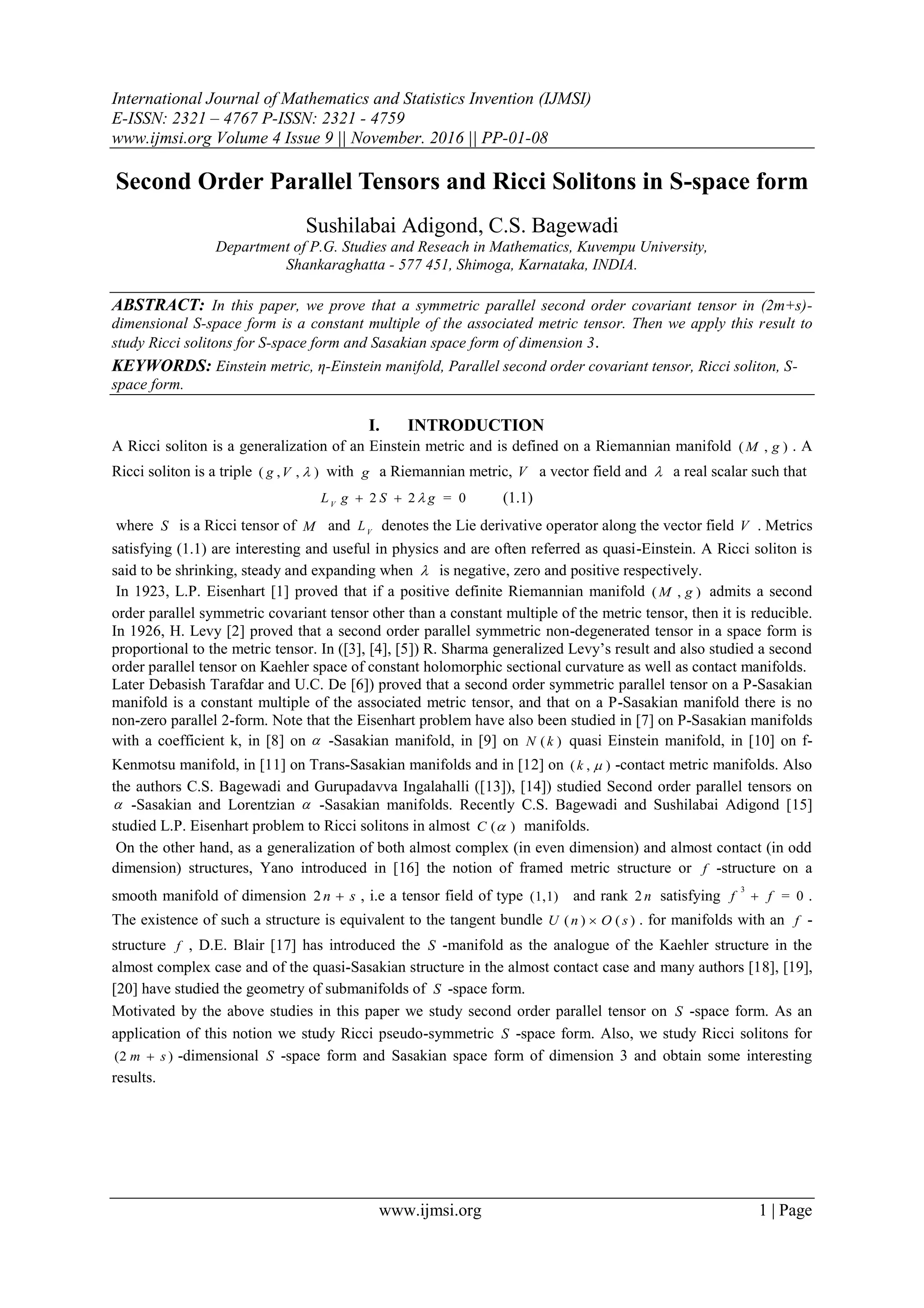 Second Order Parallel Tensors and Ricci Solitons in S-space form | PDF