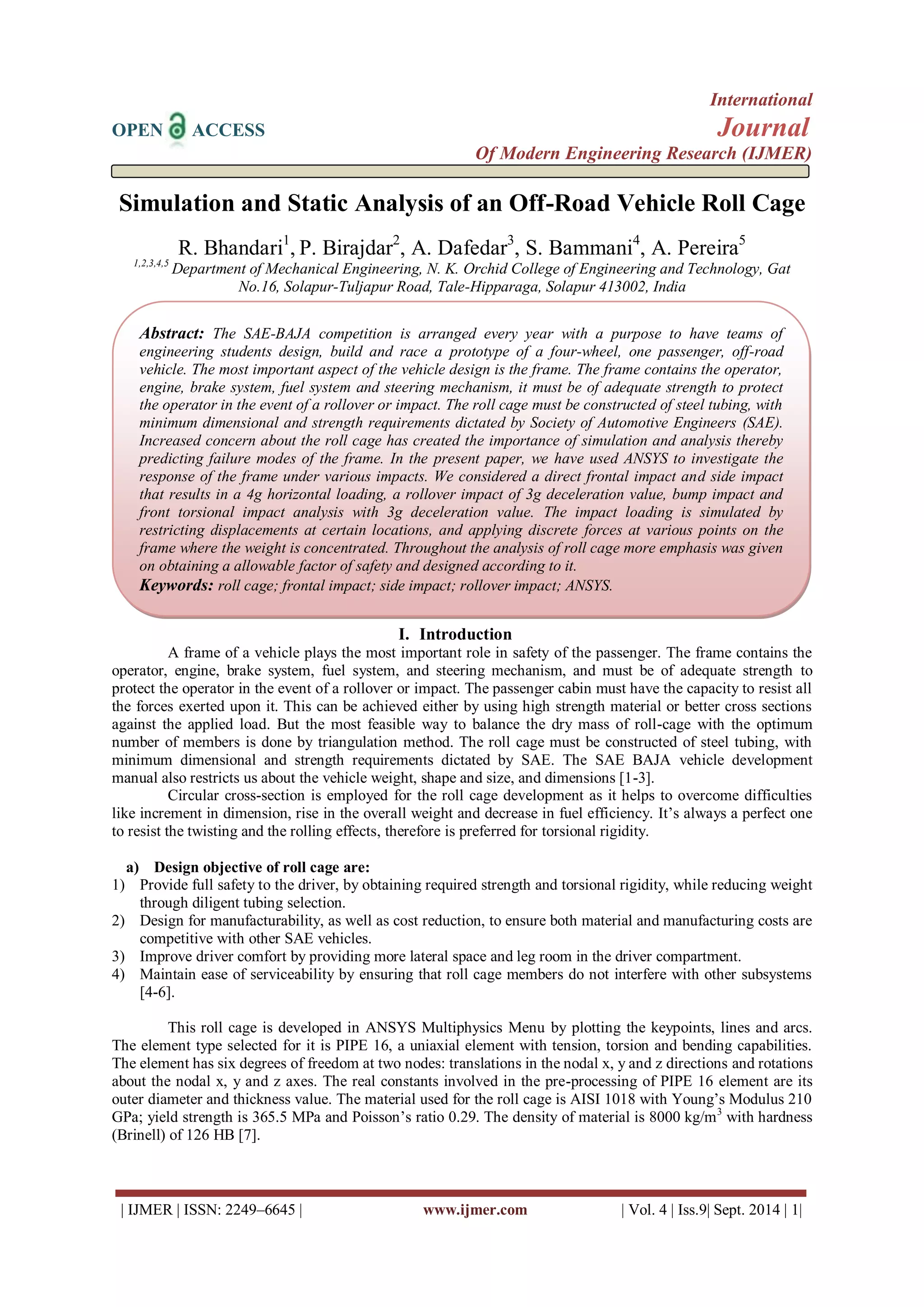 Simulation and Static Analysis of an Off-Road Vehicle Roll Cage | PDF