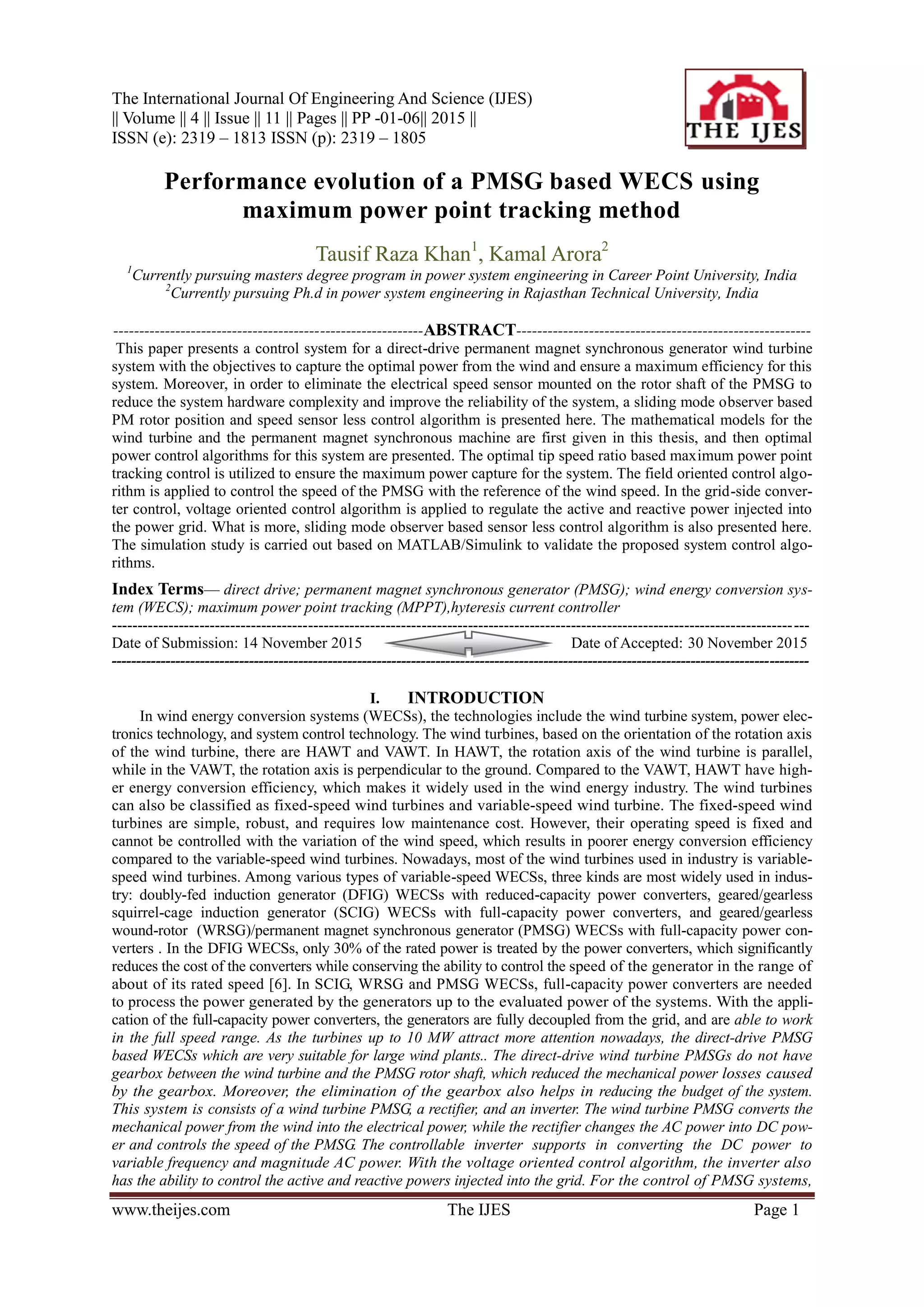 Performance Evolution Of A Pmsg Based Wecs Using Maximum Power Point Tracking Method Pdf 