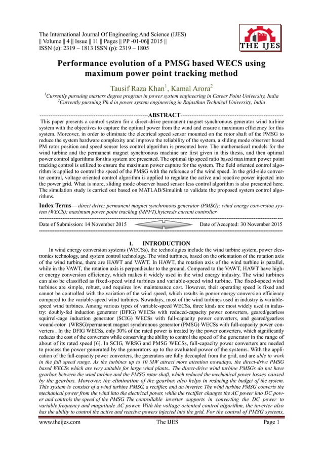 Performance Evolution Of A Pmsg Based Wecs Using Maximum Power Point Tracking Method Pdf