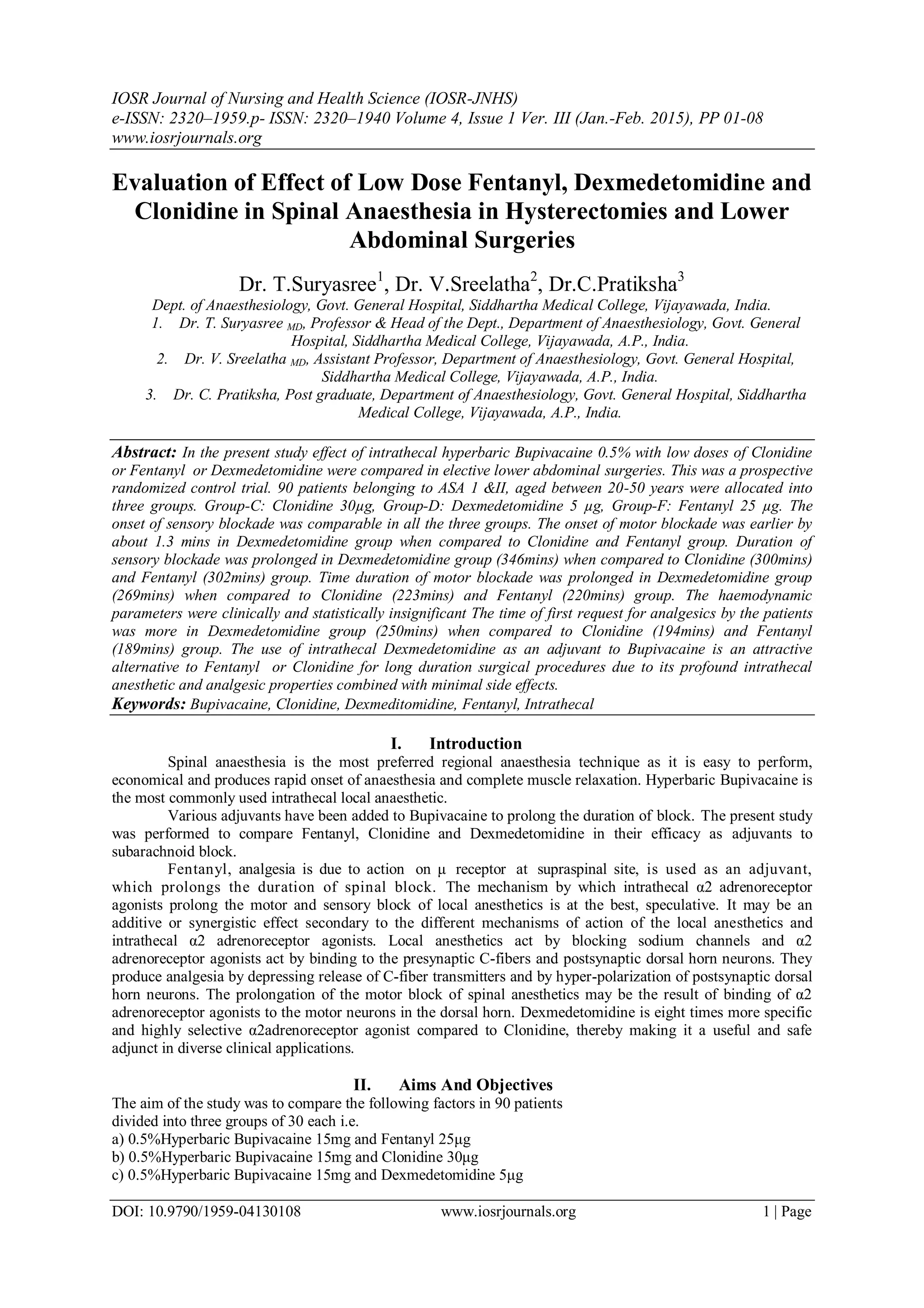 Evaluation of Effect of Low Dose Fentanyl, Dexmedetomidine and ...