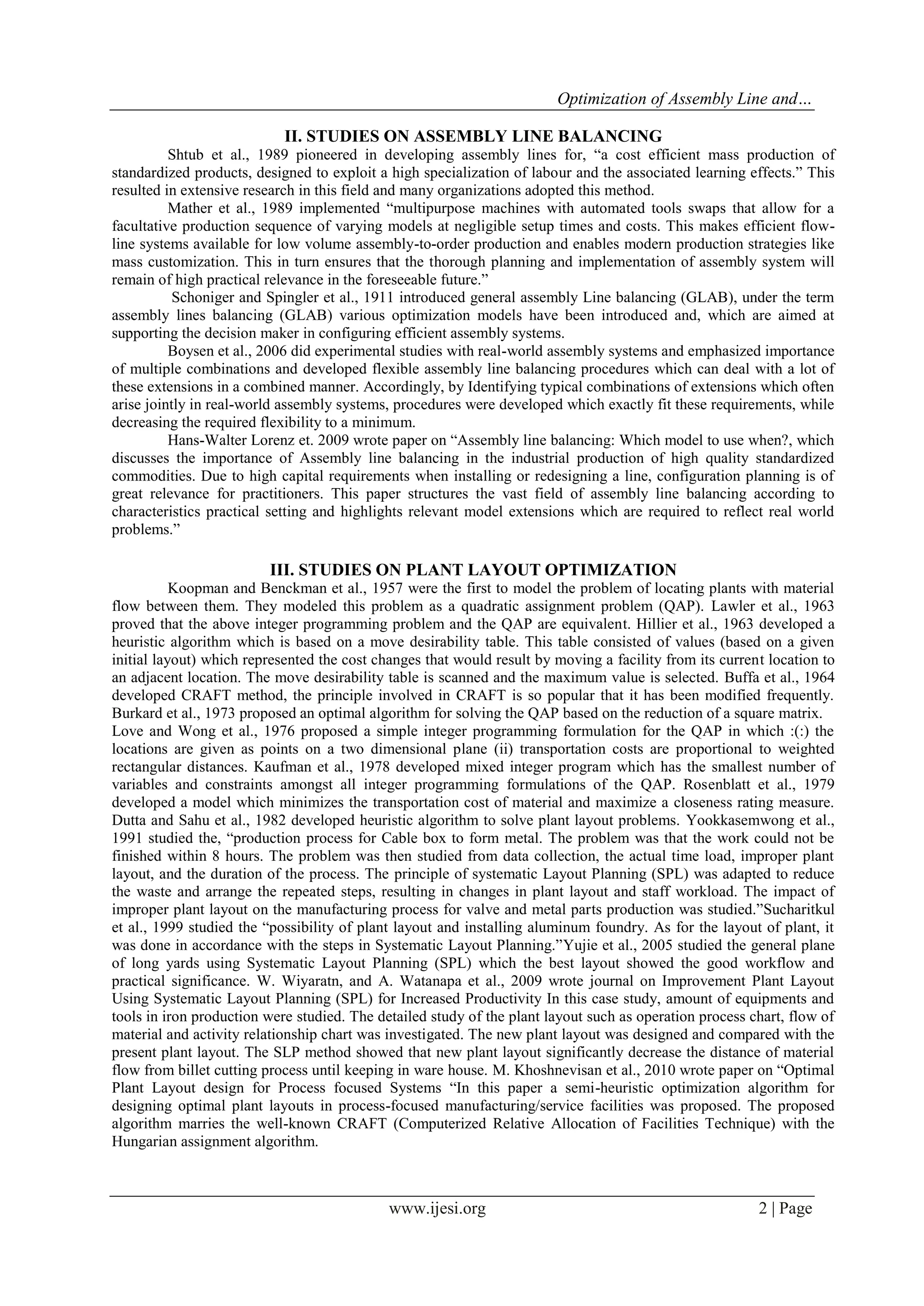 Optimization of Assembly Line and Plant Layout in a Mass Production Industry-A Literature Survey ...