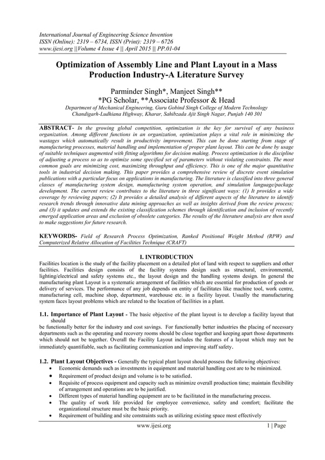 Optimization of Assembly Line and Plant Layout in a Mass Production Industry-A Literature Survey ...