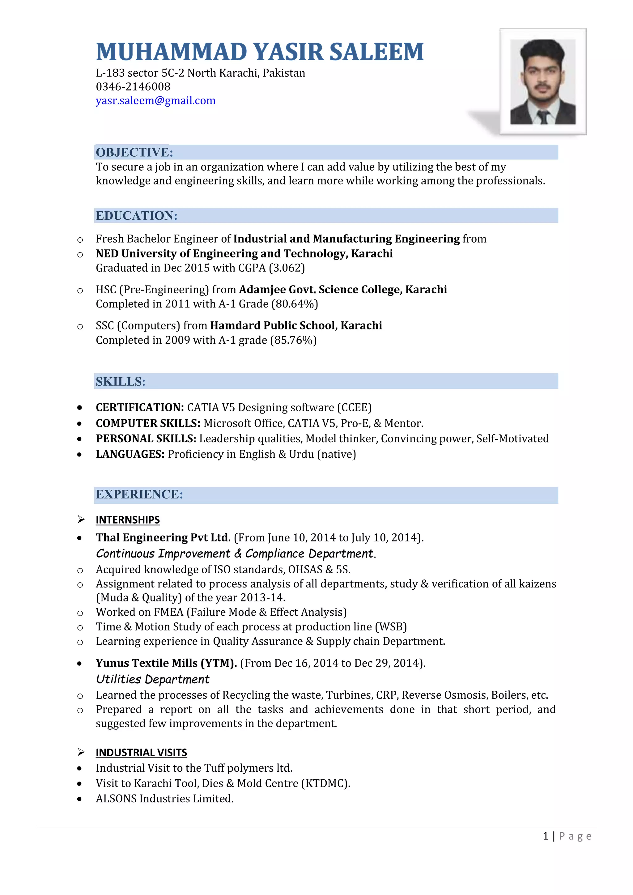 New CV M.Yasir Saleem IM NEDUET | PDF