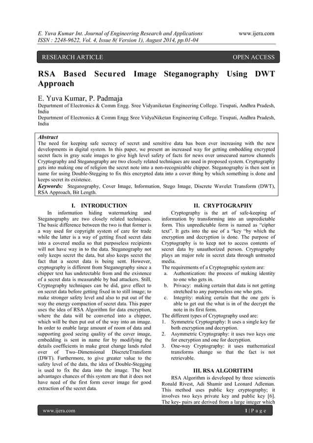 RSA Based Secured Image Steganography Using DWT Approach | PDF