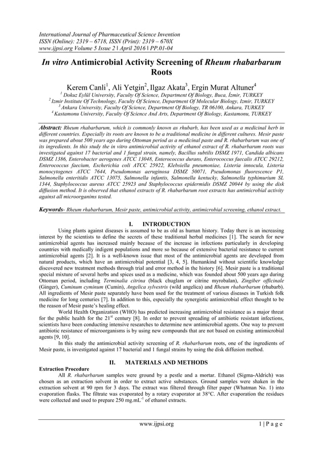 In vitro Antimicrobial Activity Screening of Rheum rhabarbarum Roots | PDF