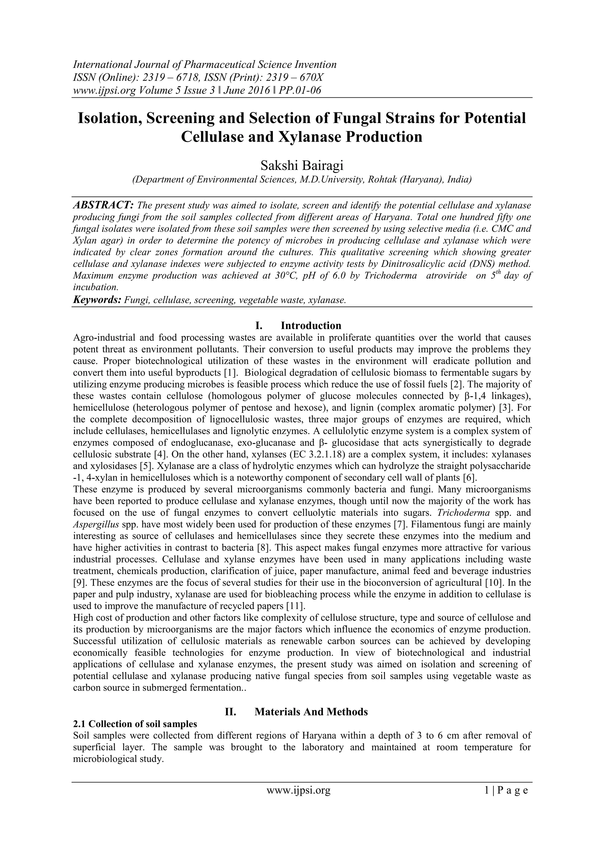 Isolation, Screening and Selection of Fungal Strains for Potential ...
