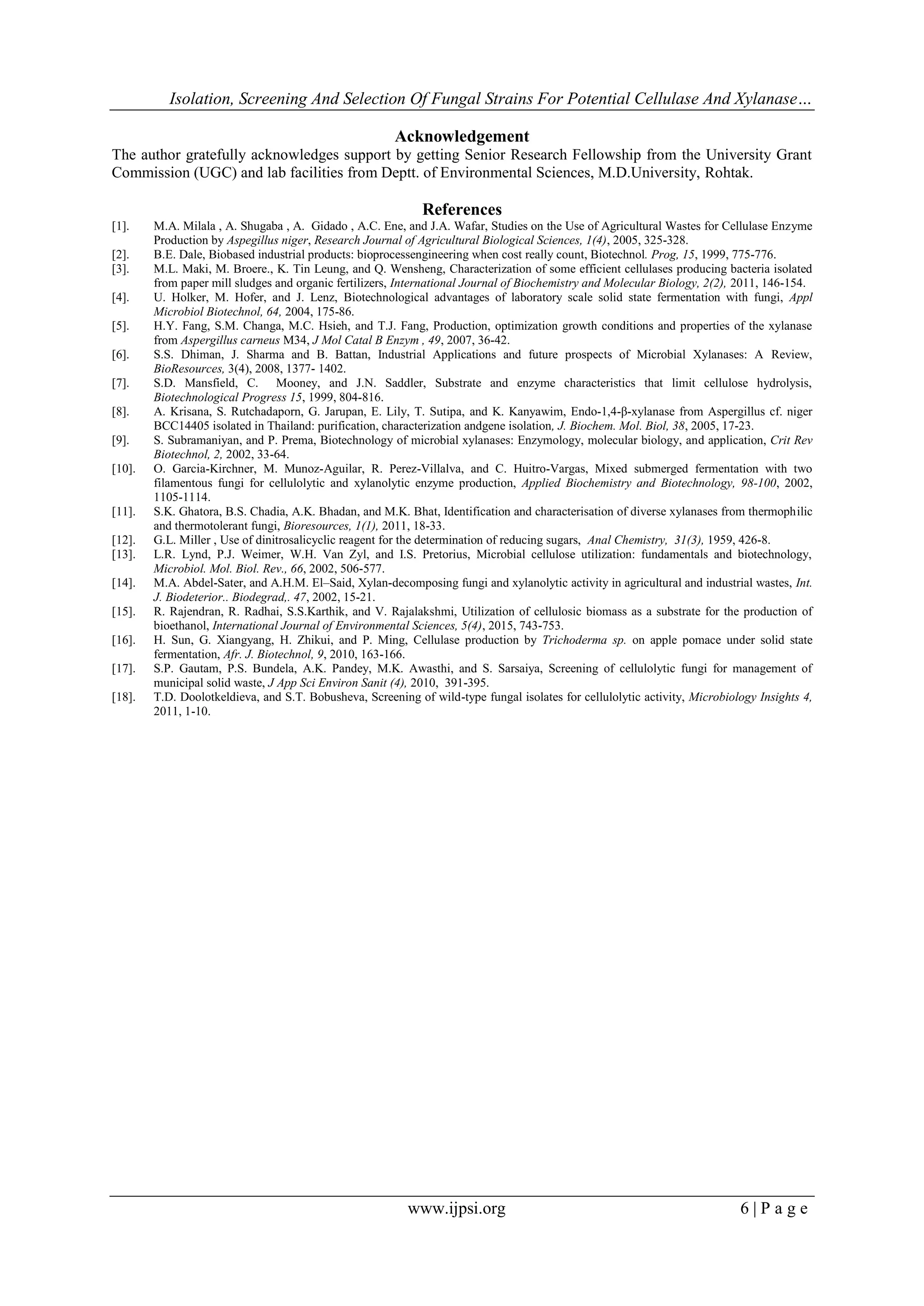 Isolation, Screening and Selection of Fungal Strains for Potential Cellulase and Xylanase ...