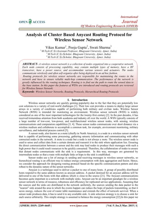 Analysis of Cluster Based Anycast Routing Protocol for Wireless Sensor Network | PDF